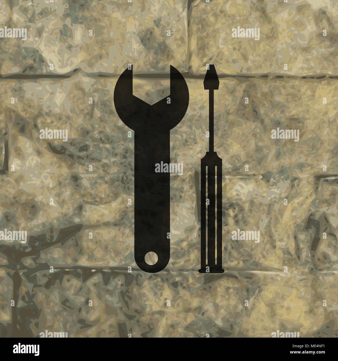screwdriver with wrench icon symbol on a stone wall. Vector ...