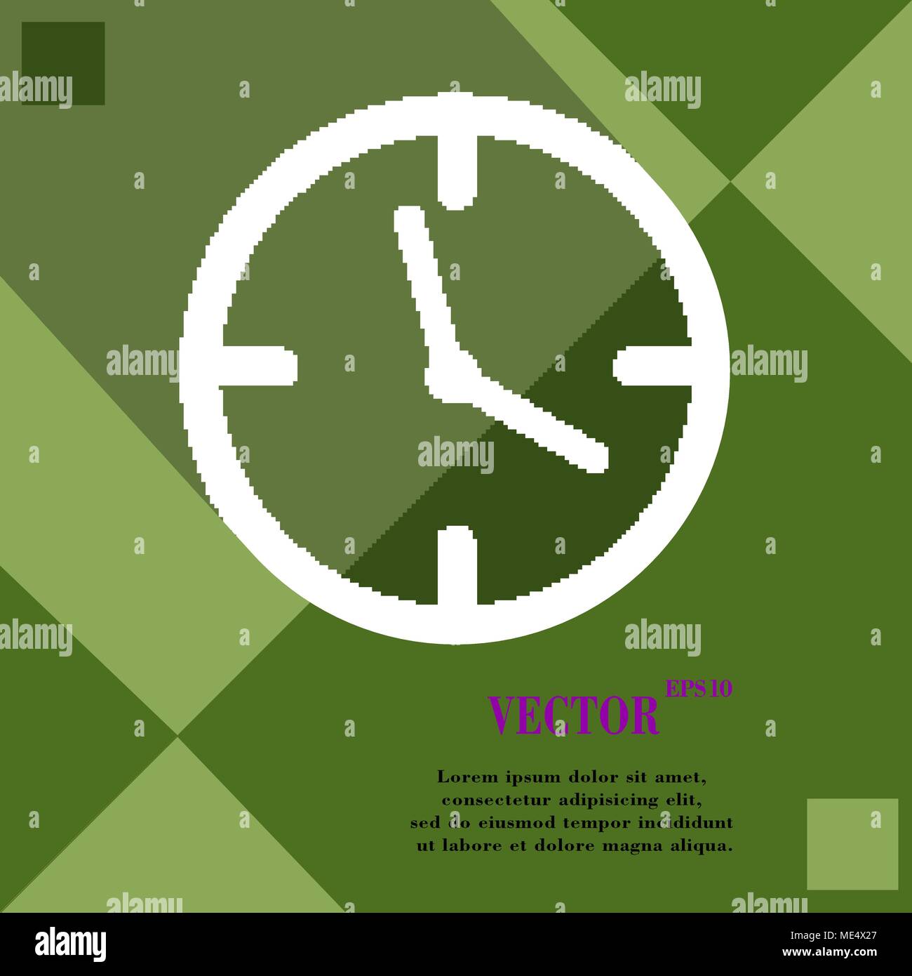 Clock time icon symbol on green abstract geometric background with long ...
