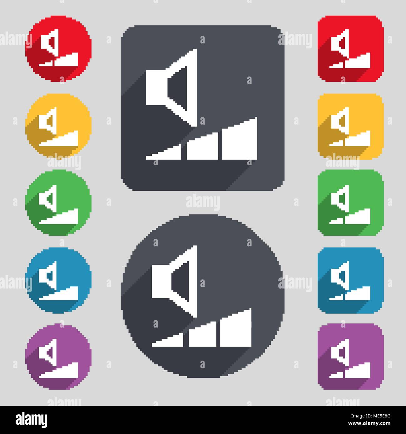 volume, sound icon sign. A set of 12 colored buttons and a long shadow ...