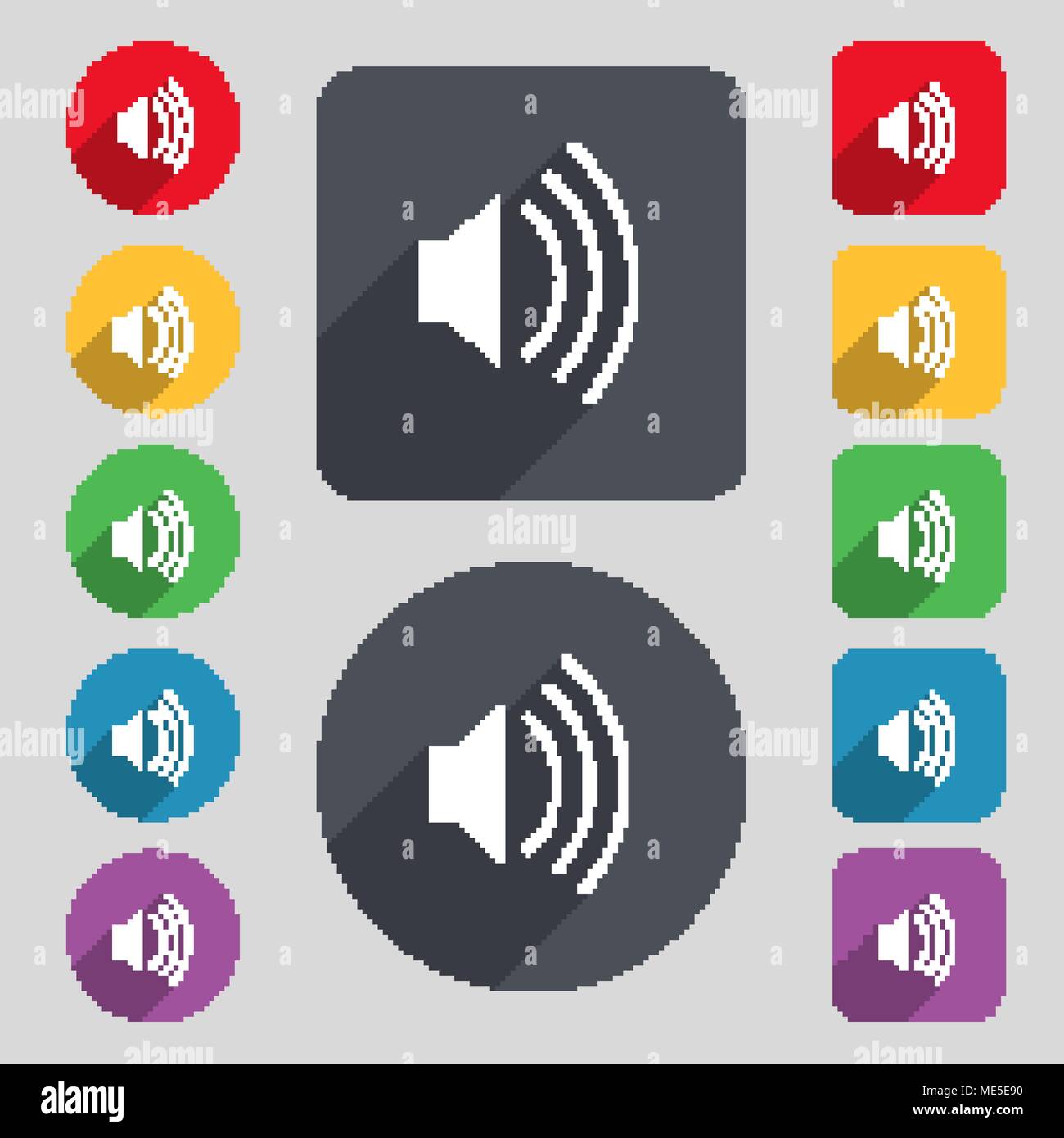volume, sound icon sign. A set of 12 colored buttons and a long shadow ...