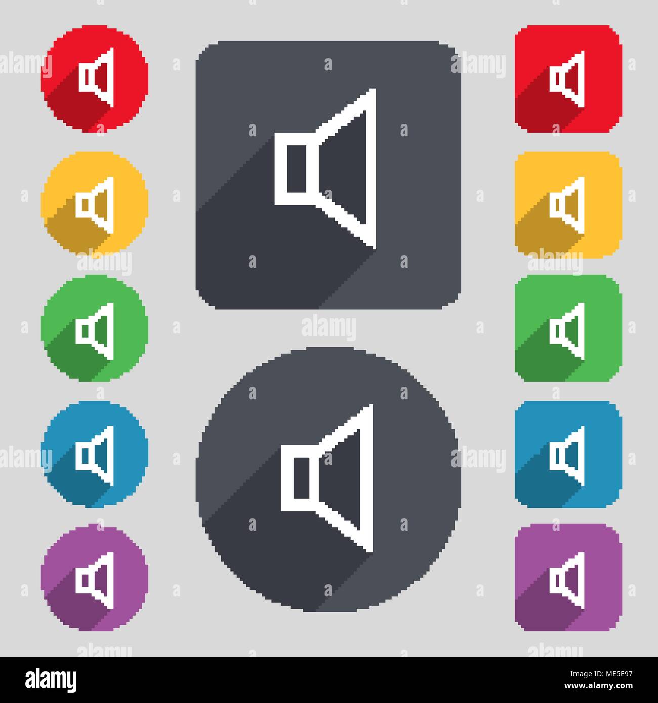 volume, sound icon sign. A set of 12 colored buttons and a long shadow ...