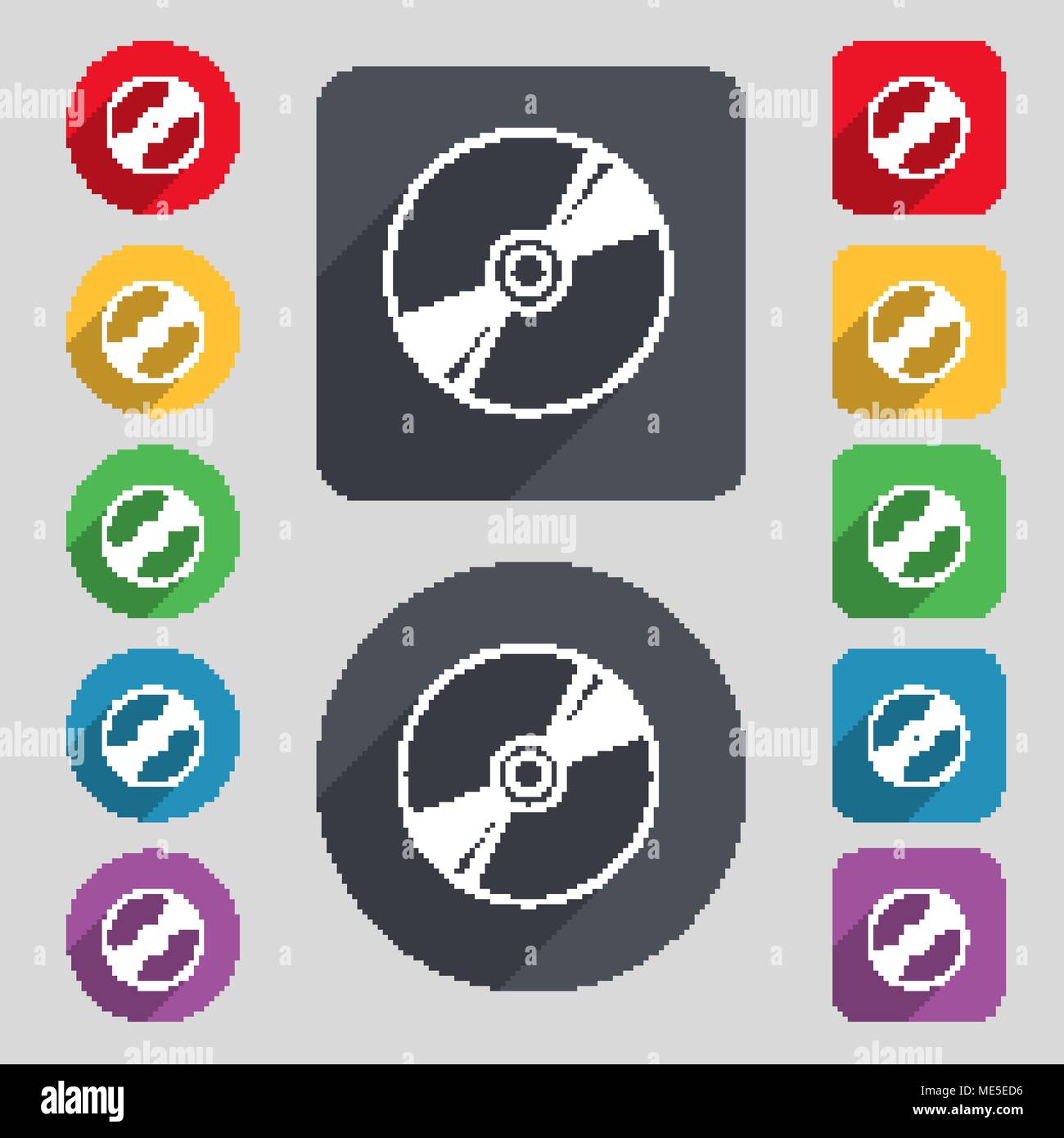 Cd, DVD, compact disk, blue ray icon sign. A set of 12 colored buttons ...