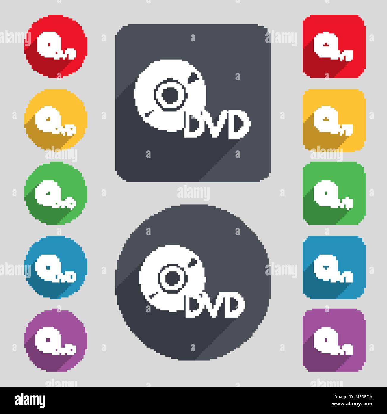dvd icon sign. A set of 12 colored buttons and a long shadow. Flat ...