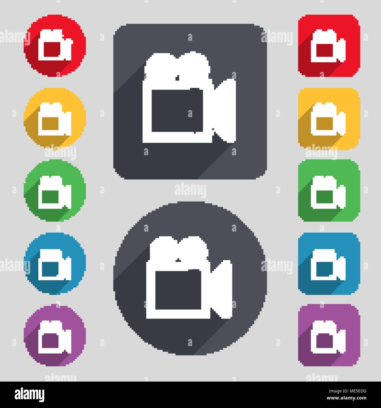 camcorder icon sign. A set of 12 colored buttons and a long shadow ...
