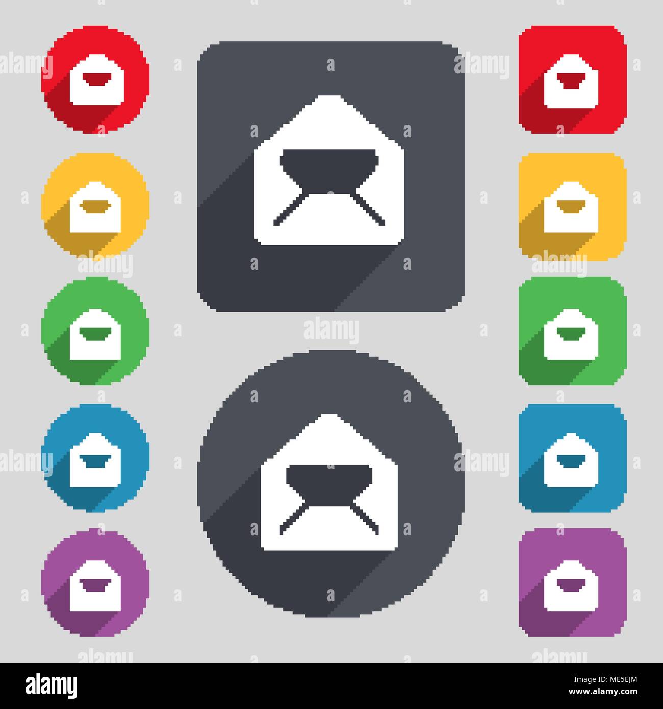 Mail, envelope, letter icon sign. A set of 12 colored buttons and a ...