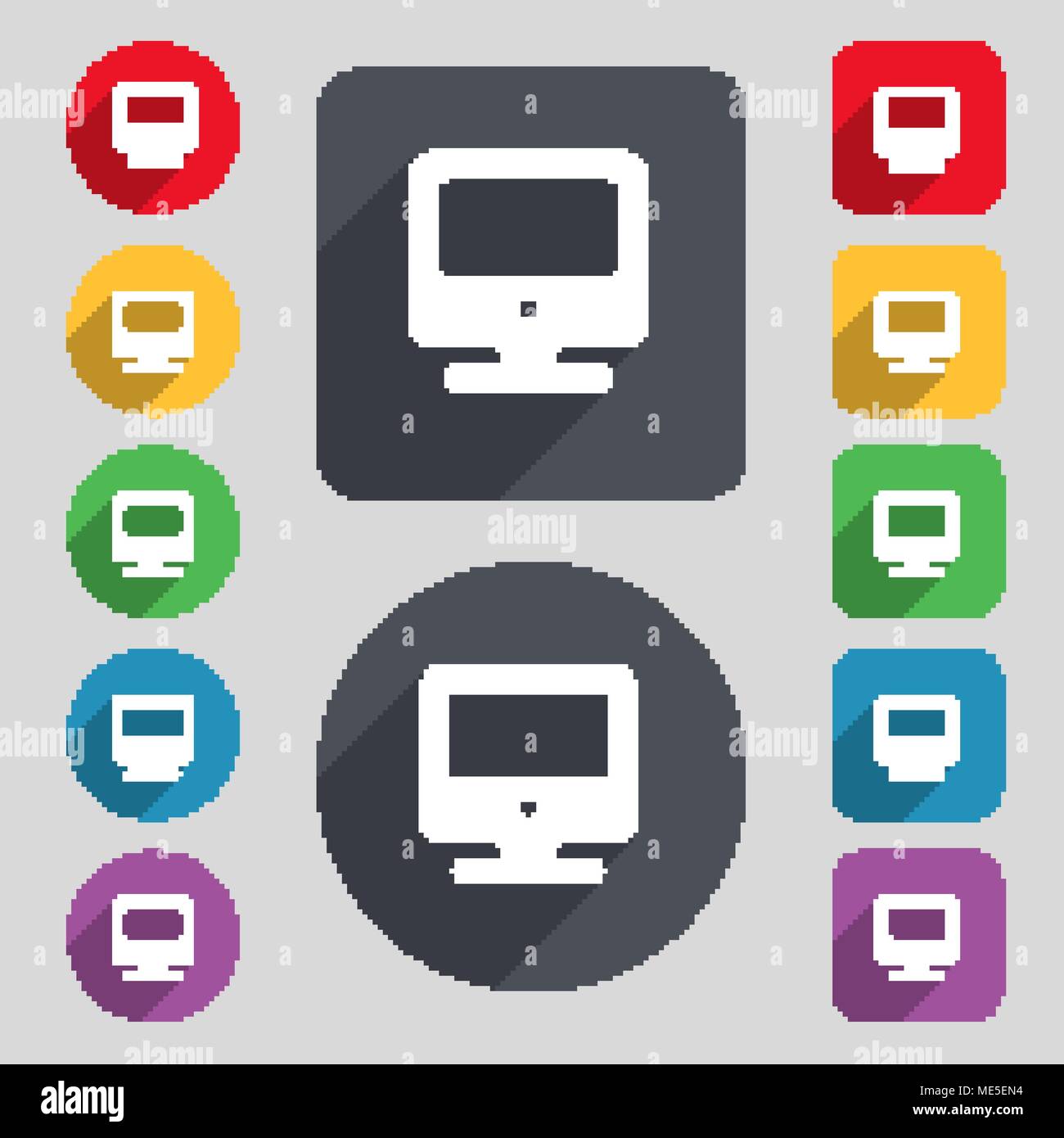 monitor icon sign. A set of 12 colored buttons and a long shadow. Flat ...