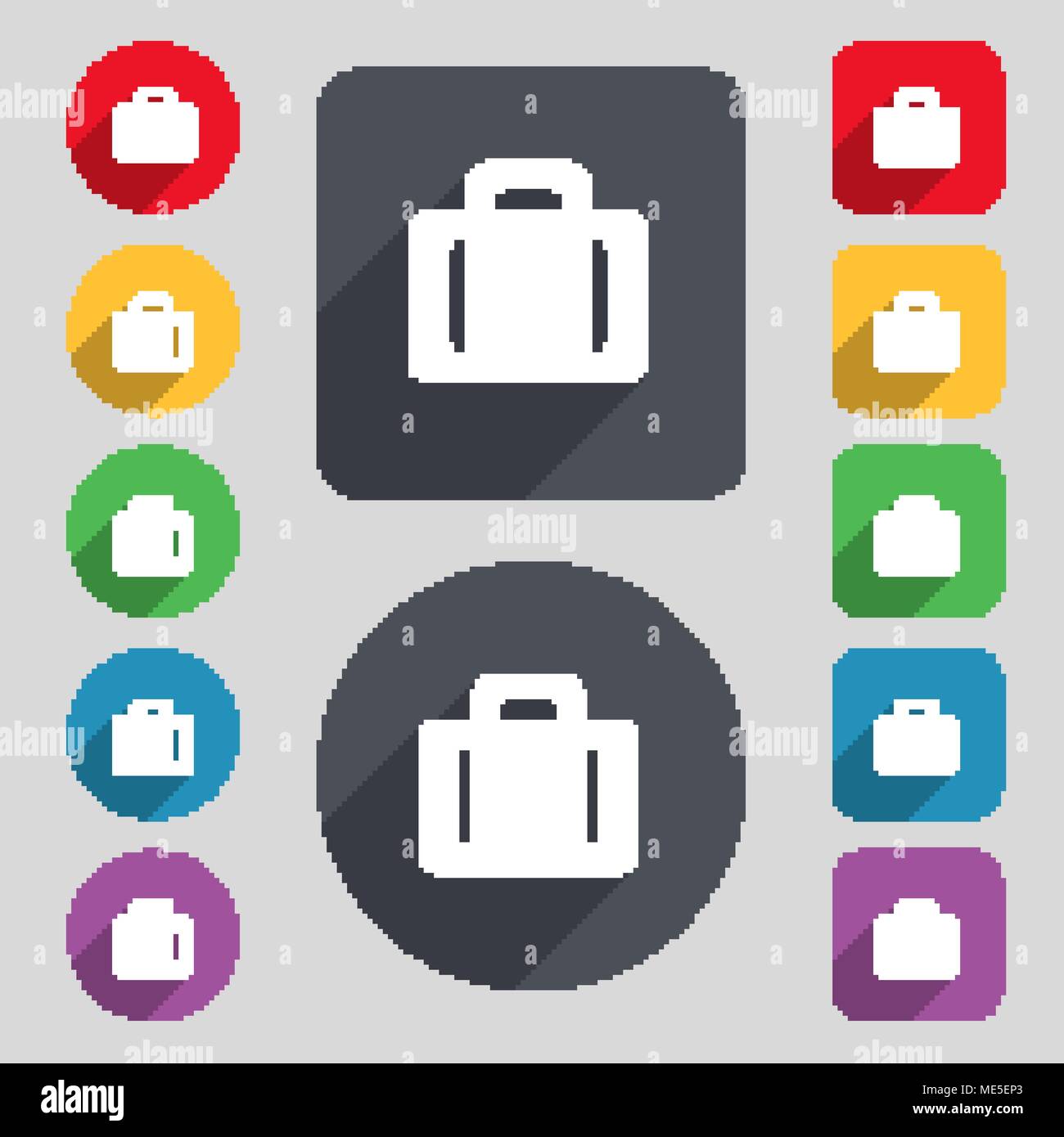 suitcase icon sign. A set of 12 colored buttons and a long shadow. Flat ...