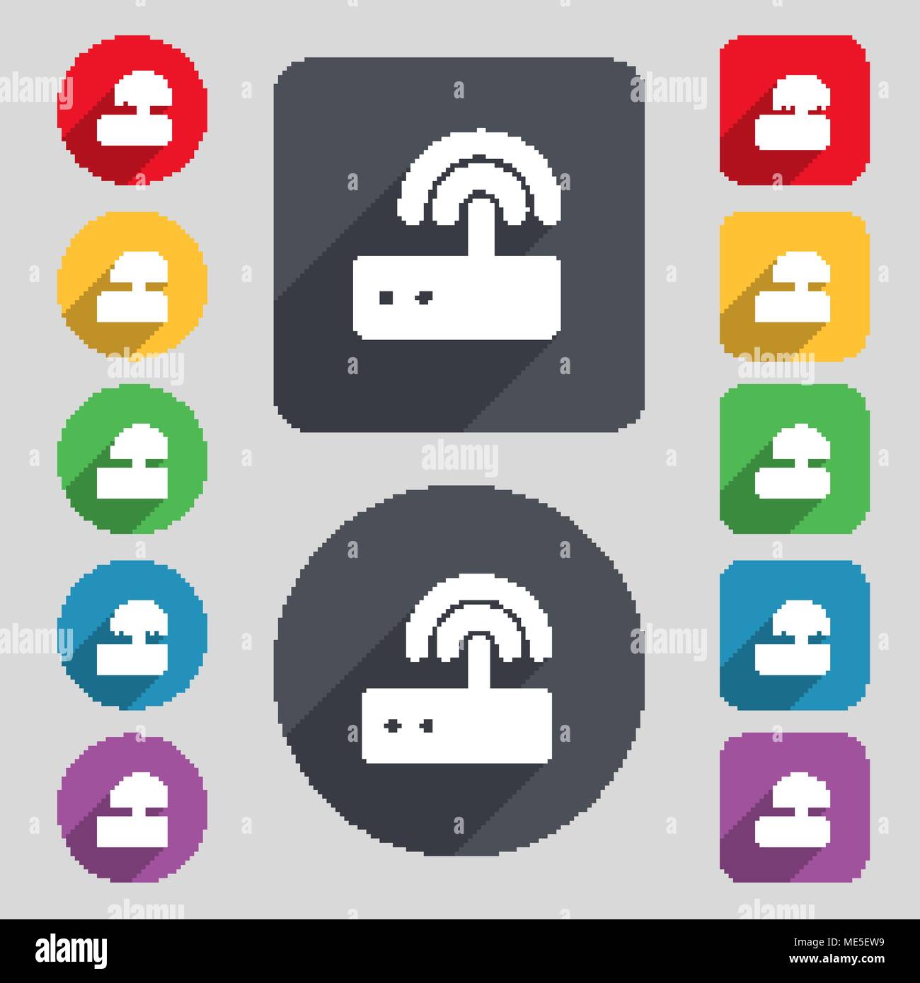 Wi fi router icon sign. A set of 12 colored buttons and a long shadow ...
