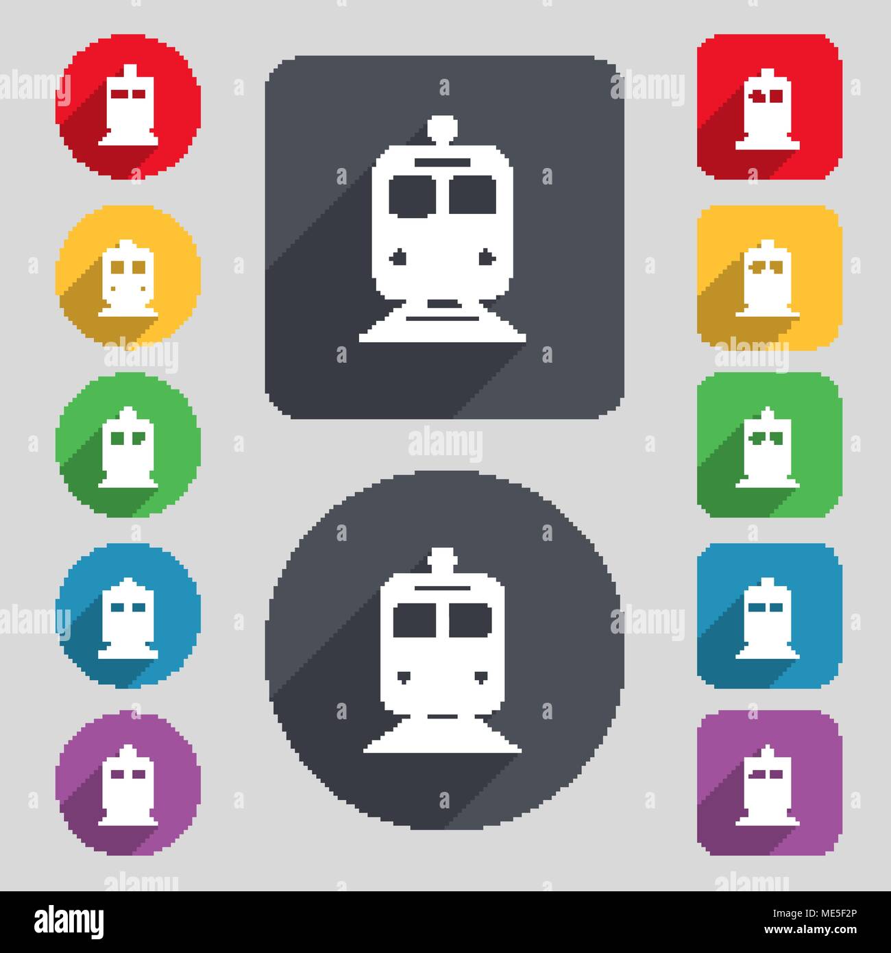 train icon sign. A set of 12 colored buttons and a long shadow. Flat ...