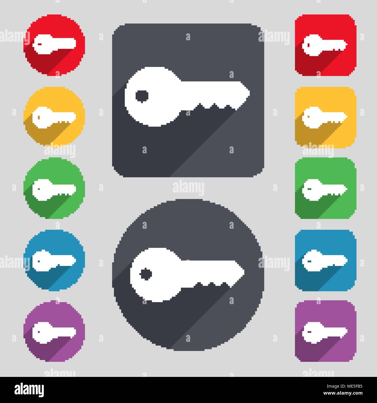 key icon sign. A set of 12 colored buttons and a long shadow. Flat ...