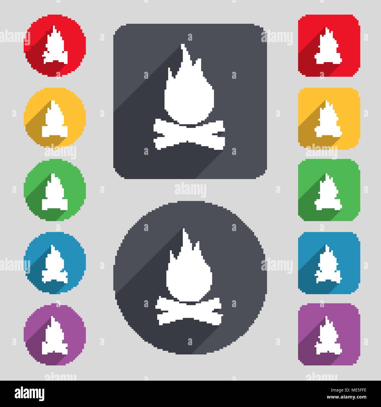 A fire icon sign. A set of 12 colored buttons and a long shadow. Flat ...