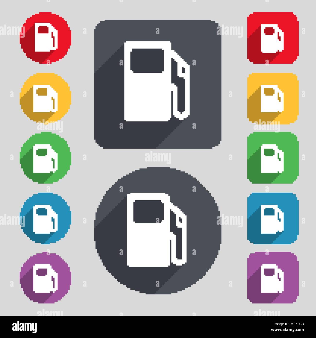 Auto gas station icon sign. A set of 12 colored buttons and a long ...