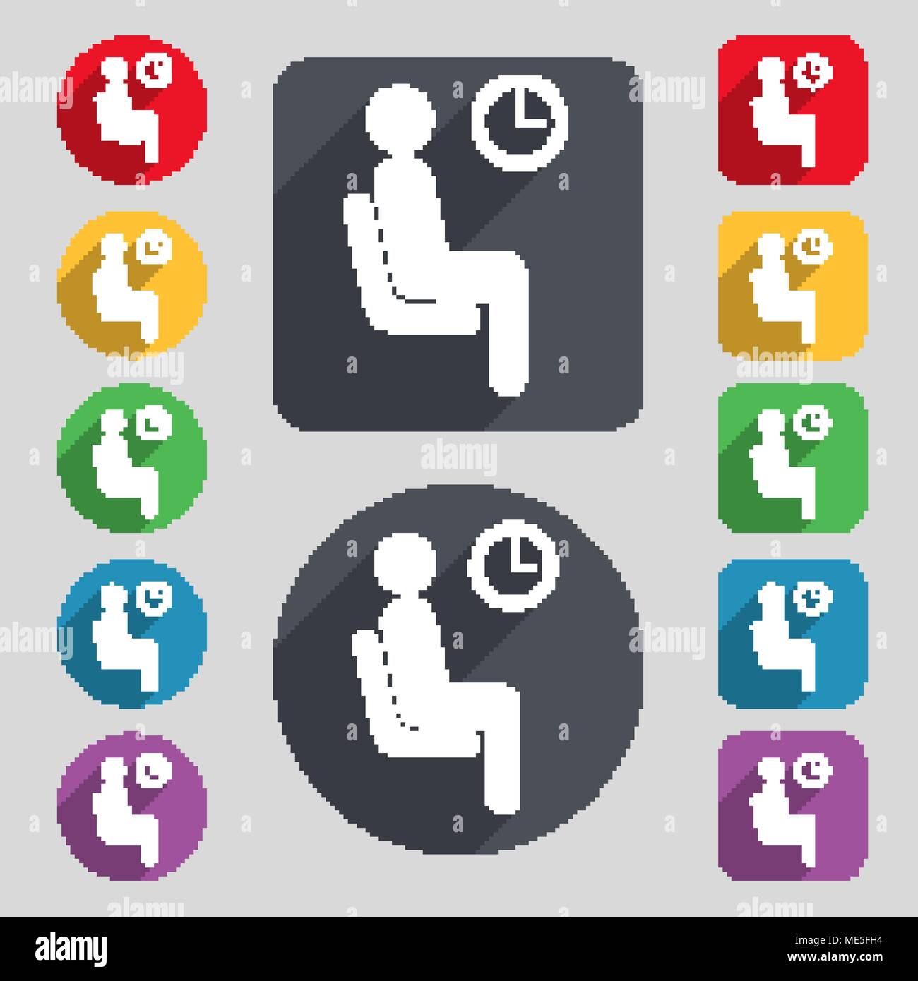 waiting icon sign. A set of 12 colored buttons and a long shadow. Flat ...