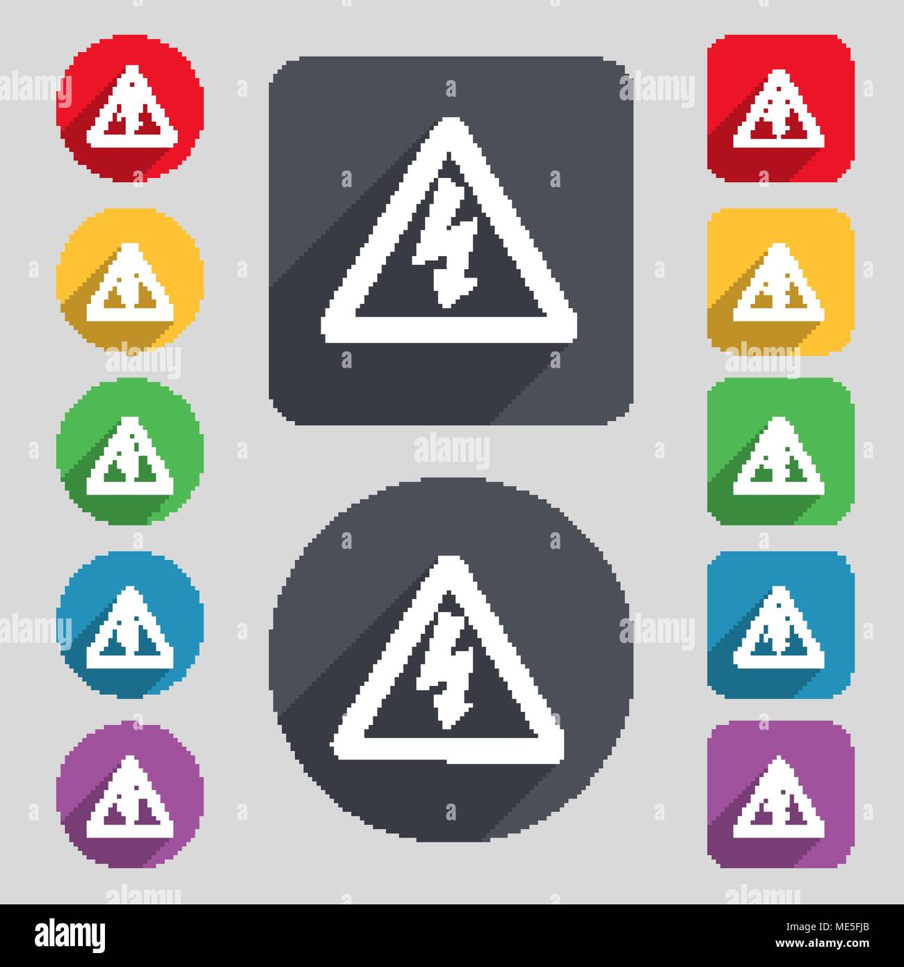 voltage icon sign. A set of 12 colored buttons and a long shadow. Flat ...