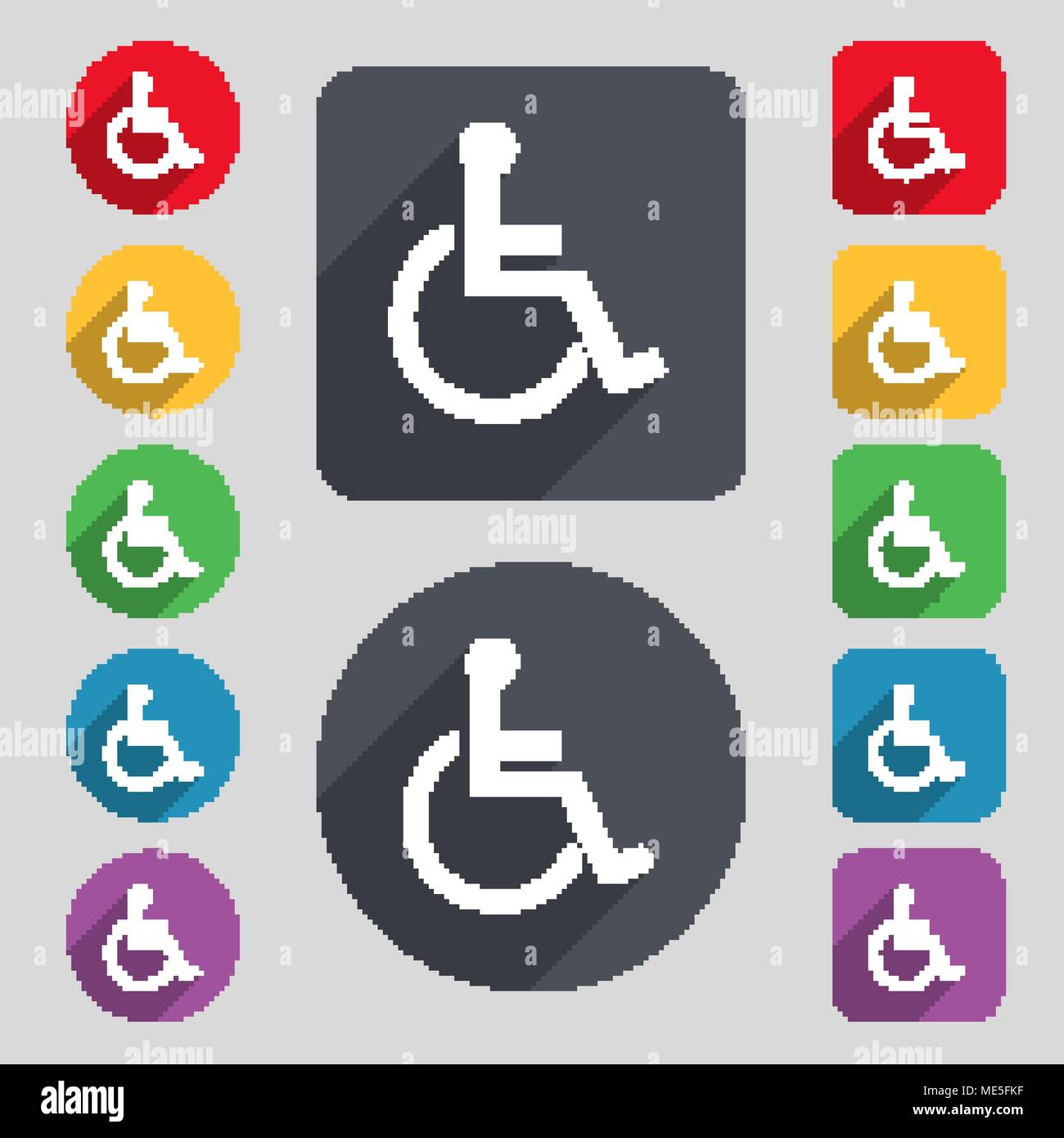 disabled icon sign. A set of 12 colored buttons and a long shadow. Flat ...
