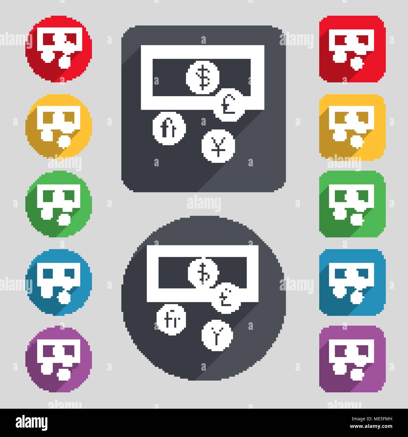 currencies of the world icon sign. A set of 12 colored buttons and a ...