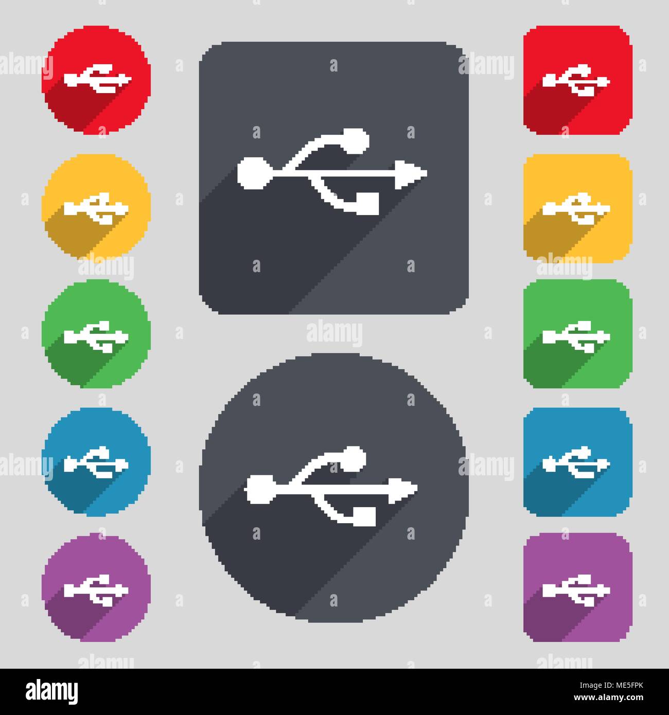 USB icon sign. A set of 12 colored buttons and a long shadow. Flat ...