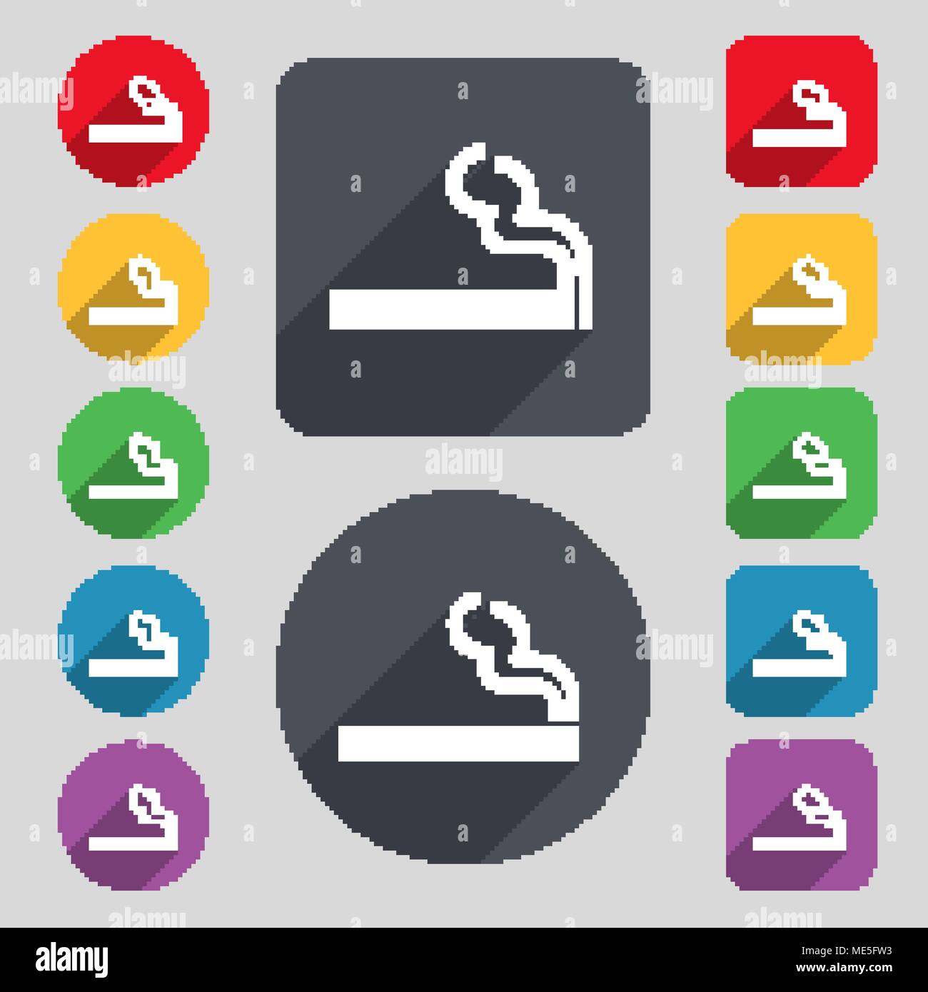 cigarette smoke icon sign. A set of 12 colored buttons and a long ...