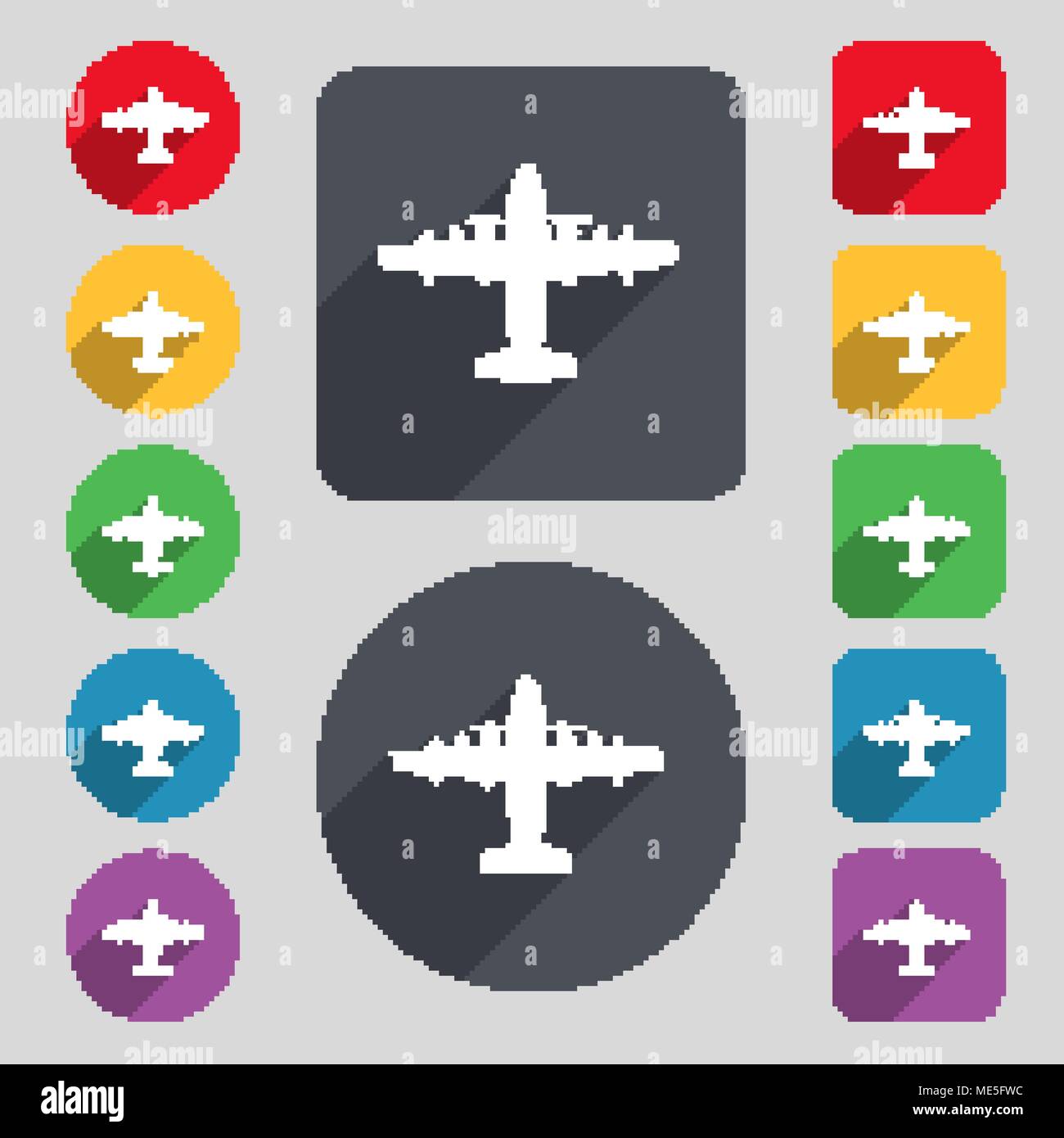 aircraft icon sign. A set of 12 colored buttons and a long shadow. Flat ...