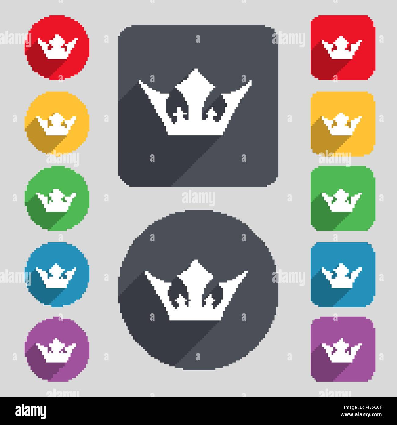 Crown icon sign. A set of 12 colored buttons and a long shadow. Flat ...