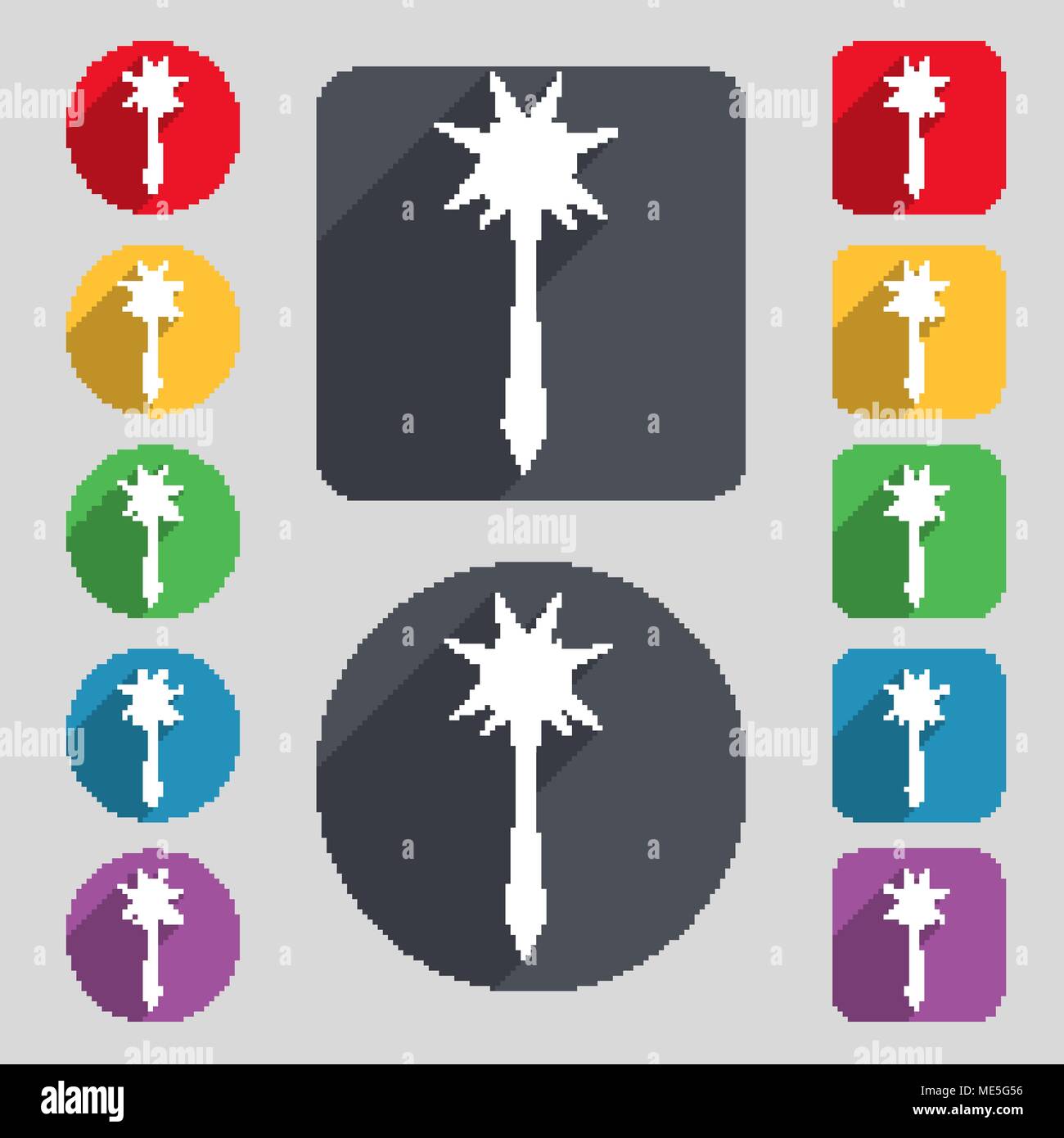 Mace icon sign. A set of 12 colored buttons and a long shadow. Flat ...