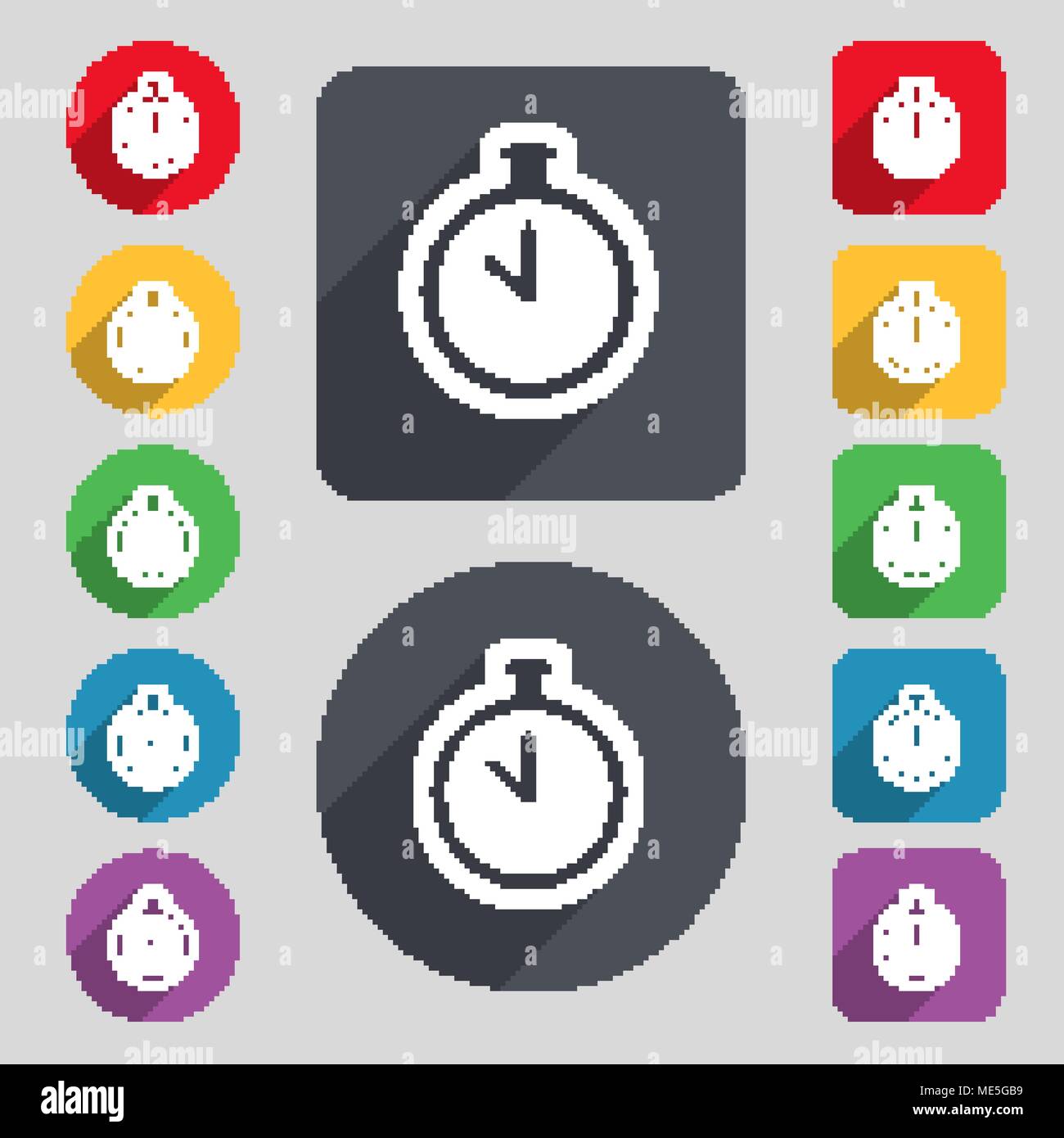The stopwatch icon sign. A set of 12 colored buttons and a long shadow ...