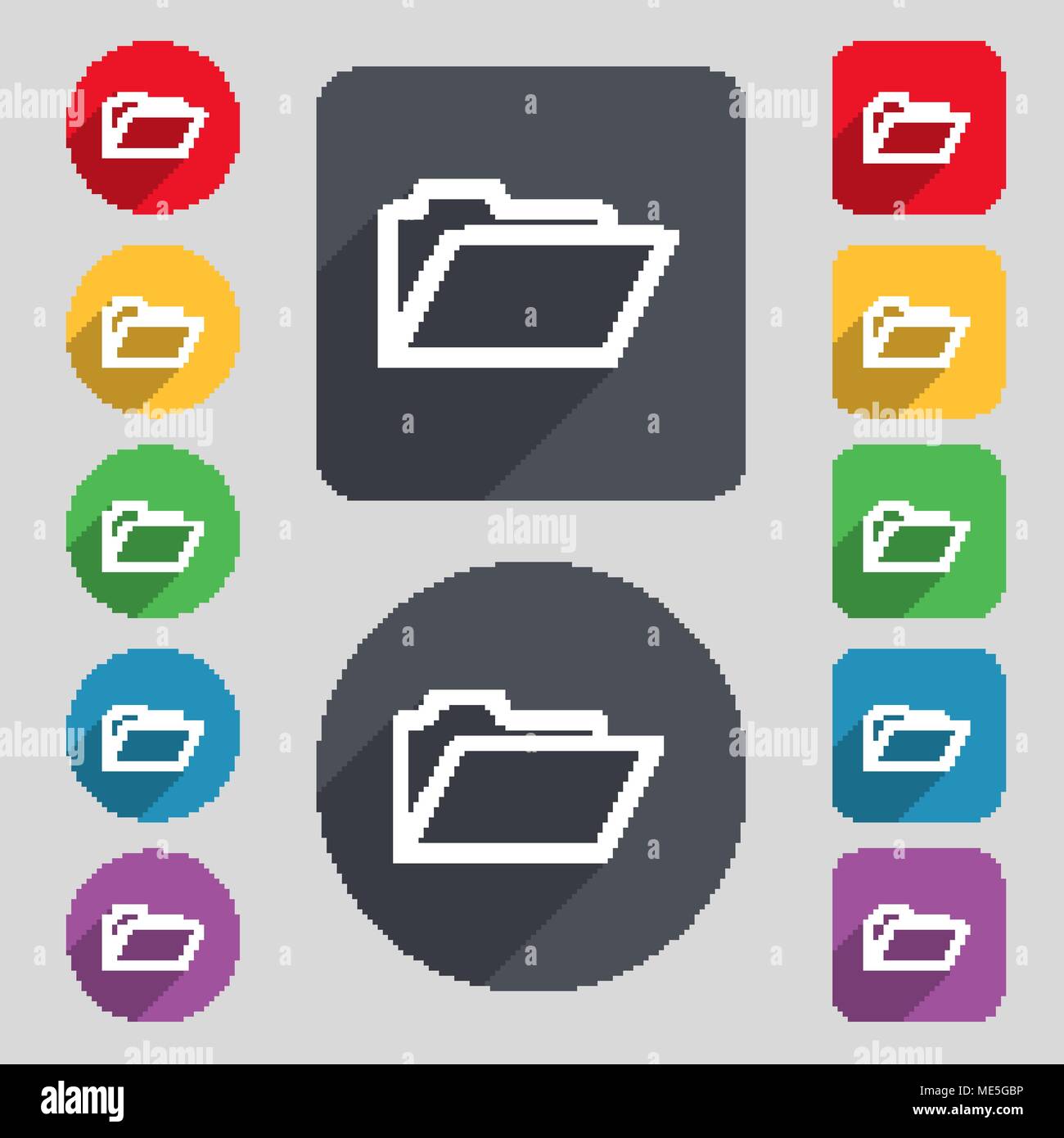 Folder icon sign. A set of 12 colored buttons and a long shadow. Flat ...