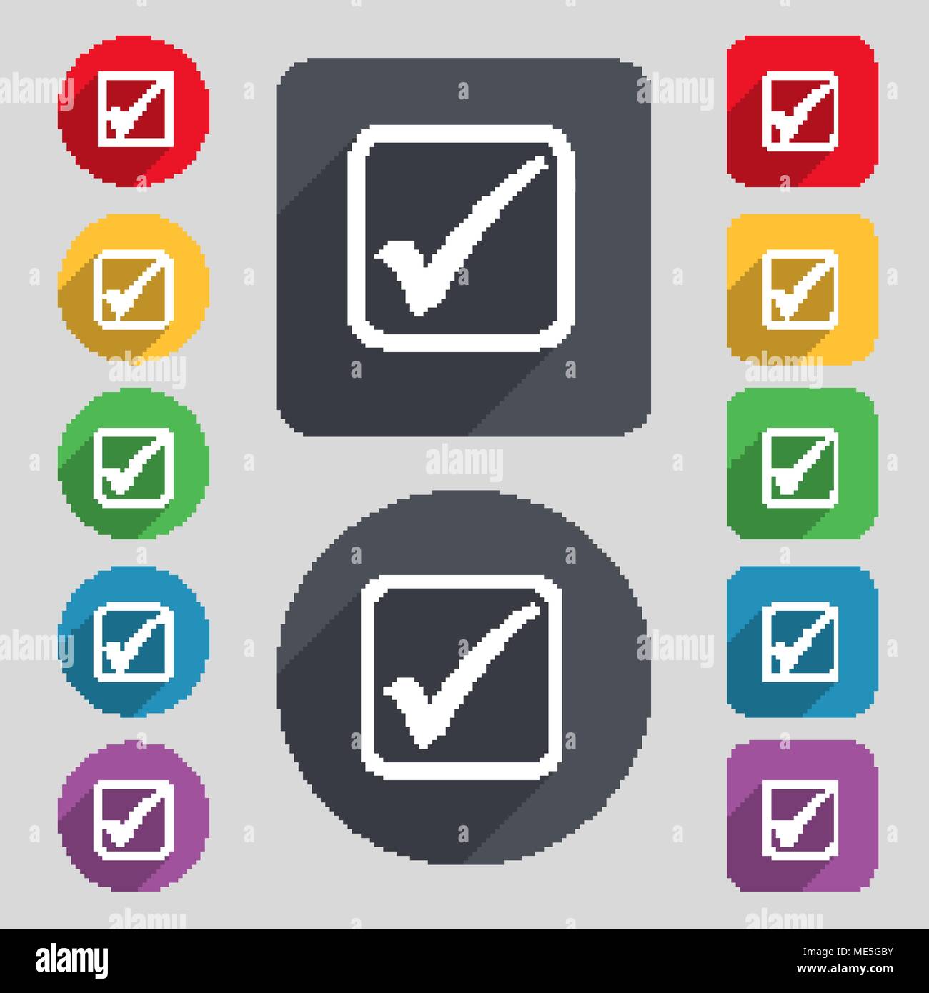A check mark icon sign. A set of 12 colored buttons and a long shadow ...