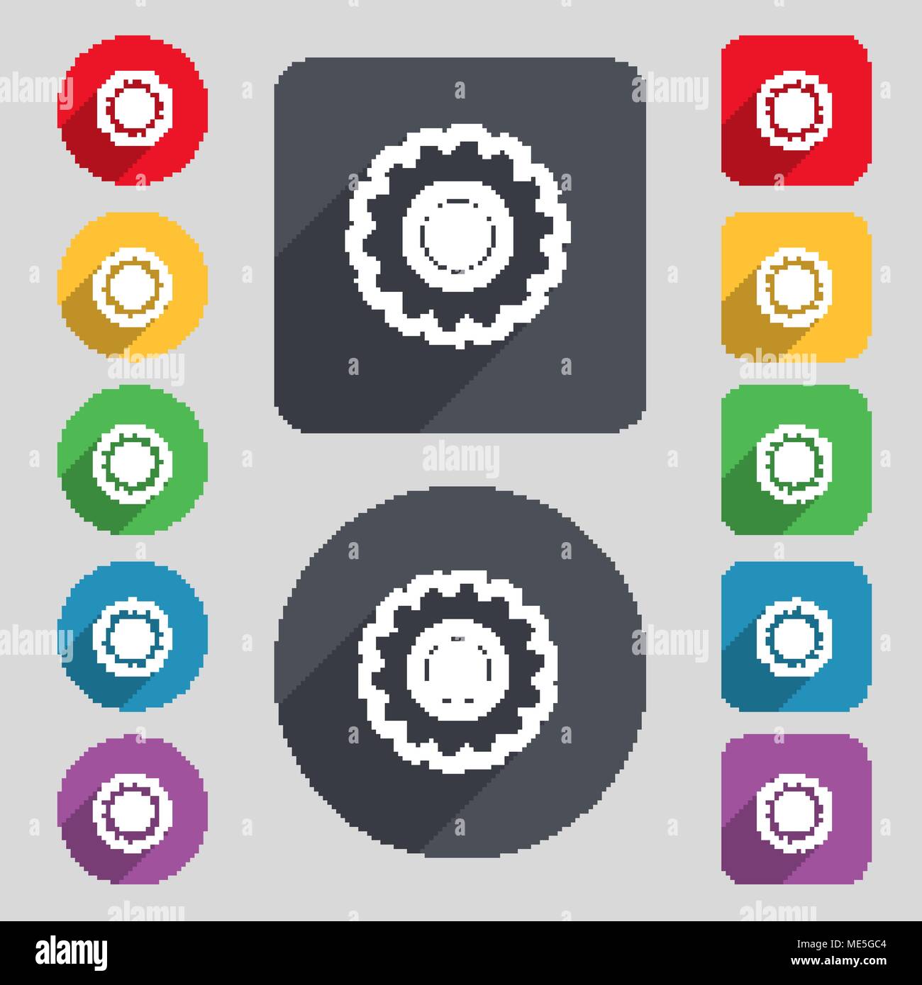 sign. A set of 12 colored buttons and a long shadow. Flat design ...