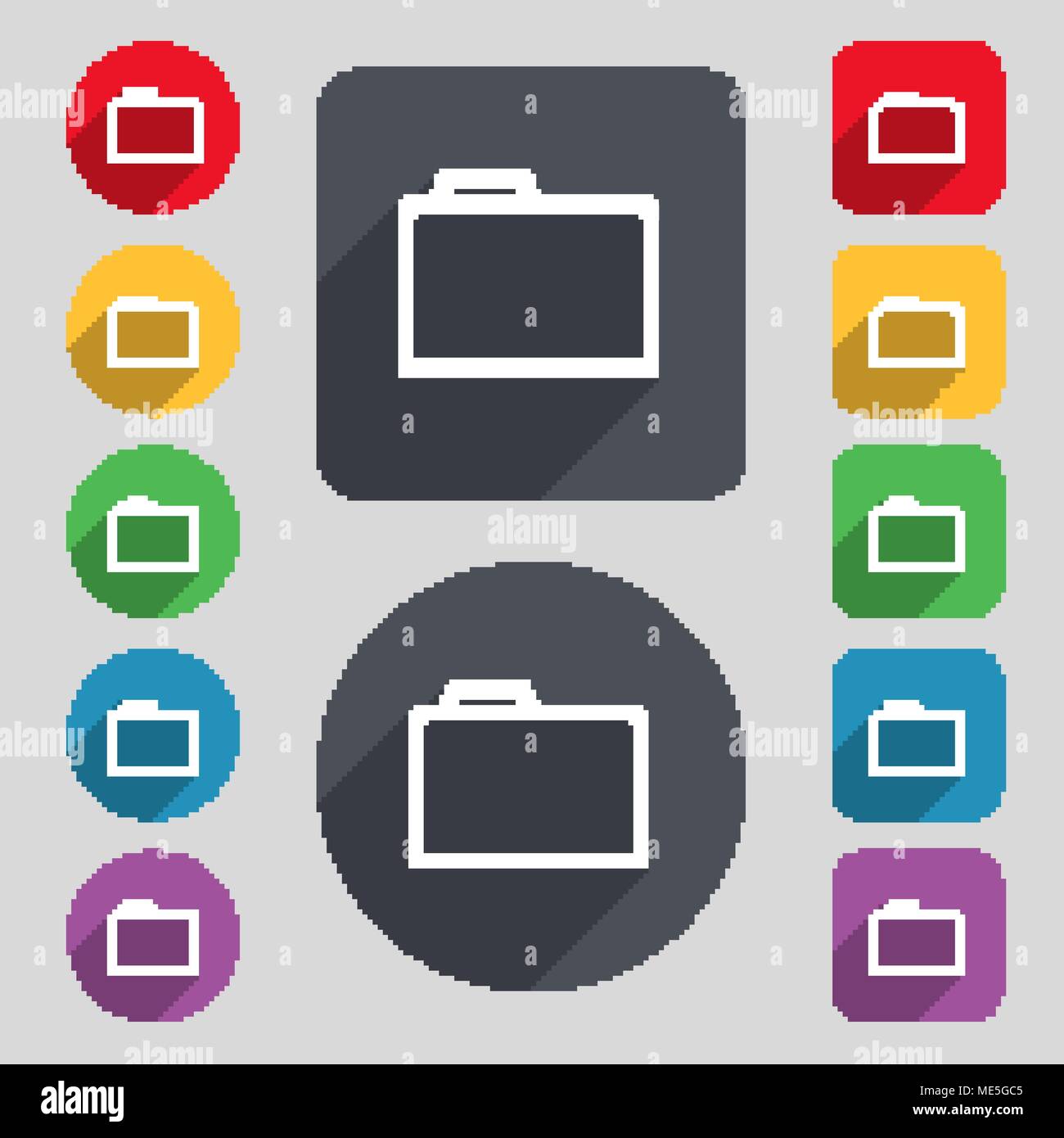 Folder icon sign. A set of 12 colored buttons and a long shadow. Flat ...