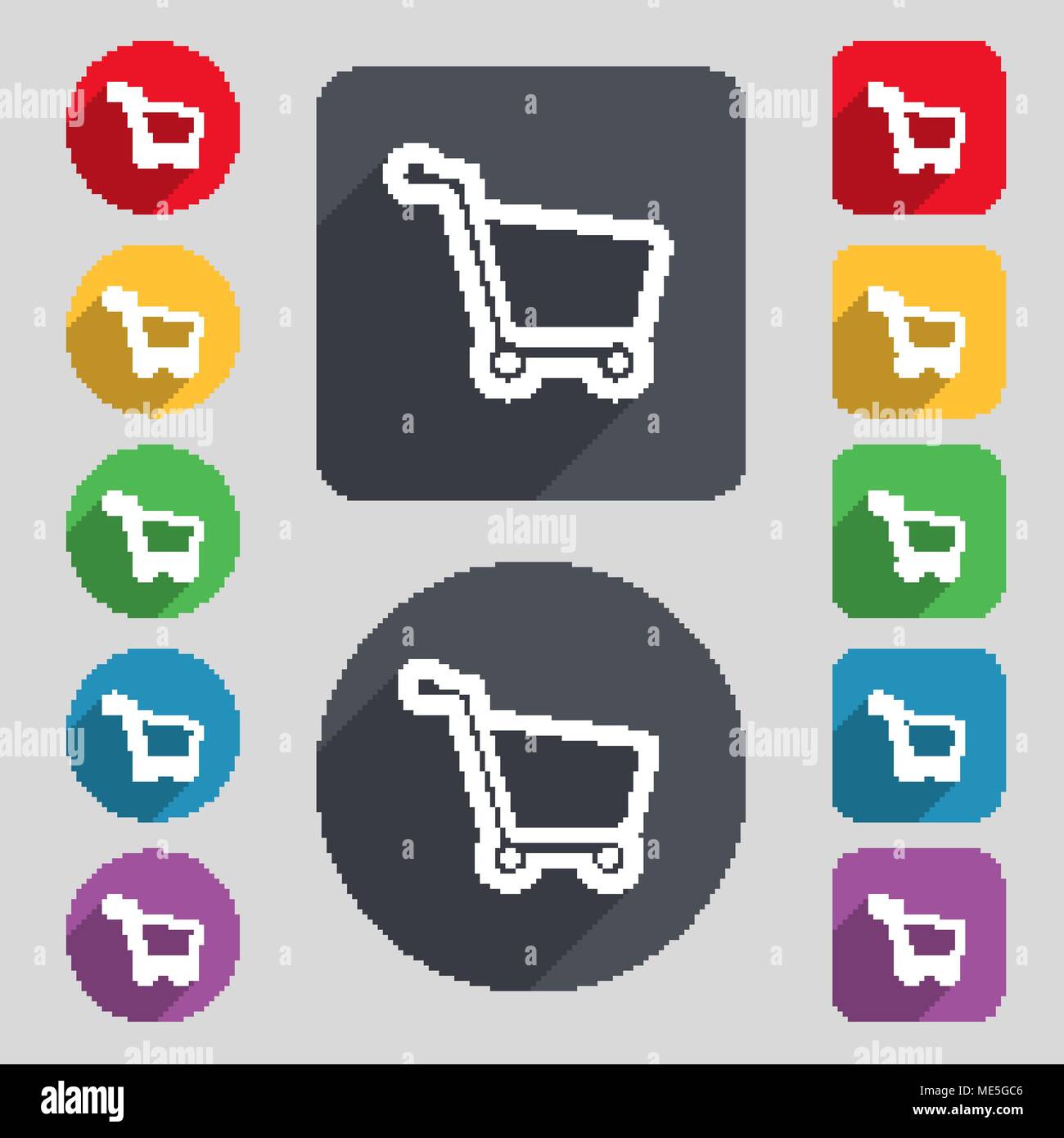 Shopping cart icon sign. A set of 12 colored buttons and a long shadow ...