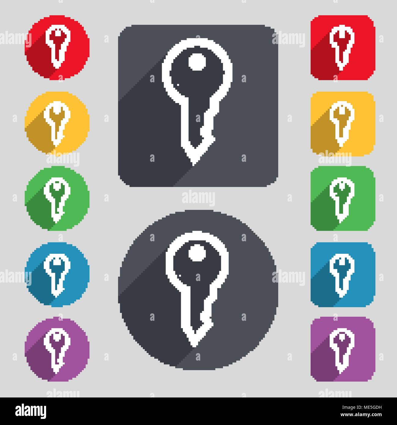 Key icon sign. A set of 12 colored buttons and a long shadow. Flat ...