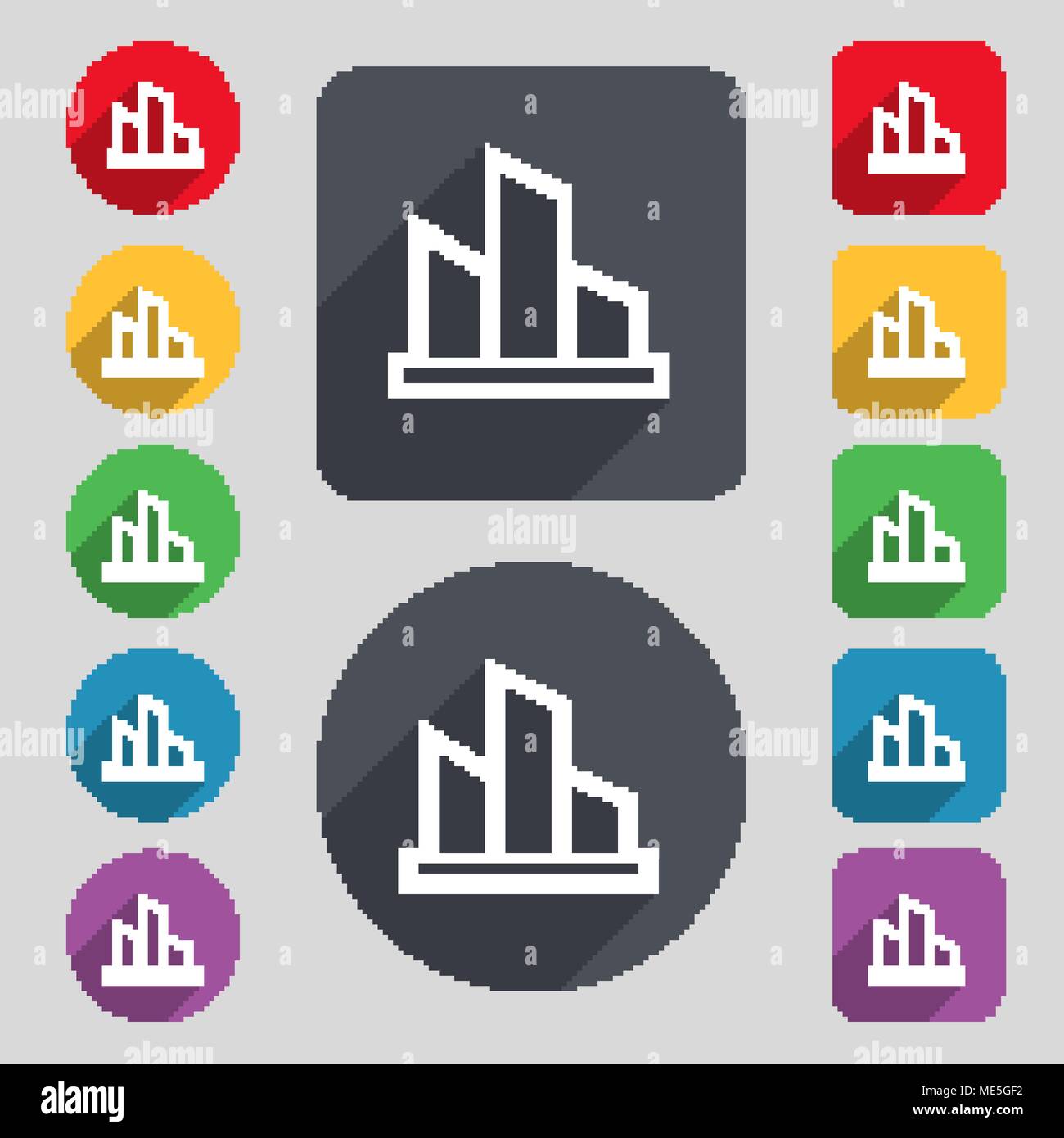 Diagram icon sign. A set of 12 colored buttons and a long shadow. Flat ...