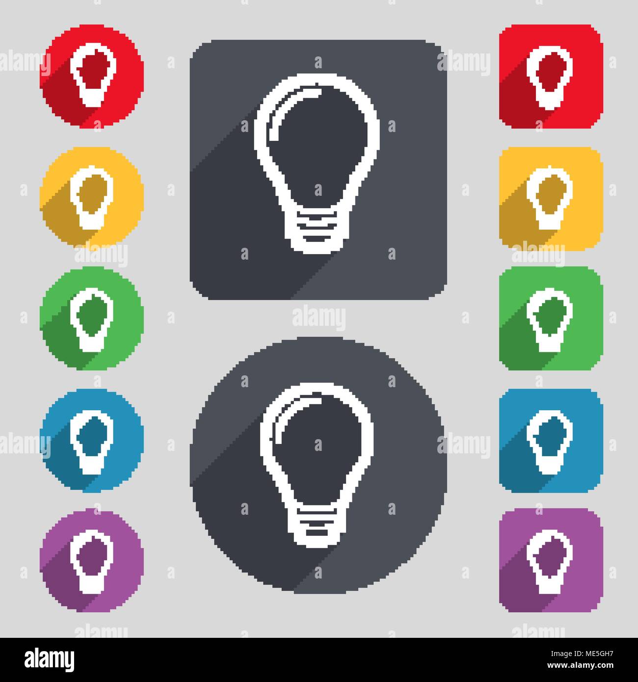 Light bulb icon sign. A set of 12 colored buttons and a long shadow ...