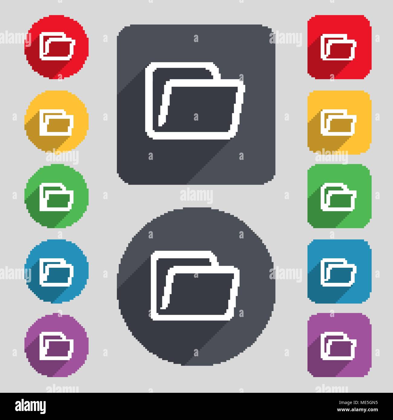 Folder icon sign. A set of 12 colored buttons and a long shadow. Flat ...