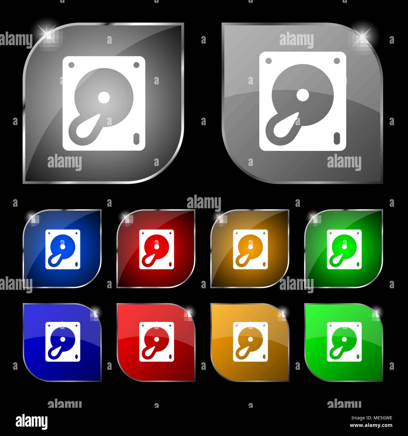 Hard disk and database icon sign. Set of ten colorful buttons with ...