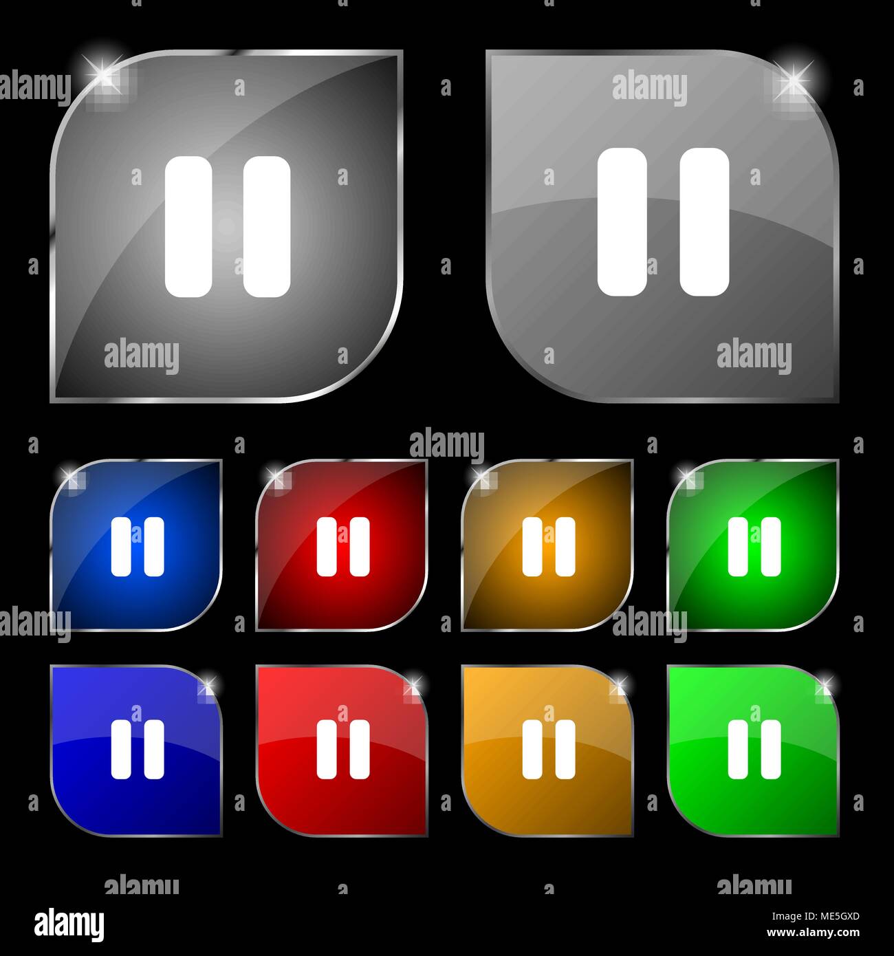 pause icon sign. Set of ten colorful buttons with glare. Vector ...