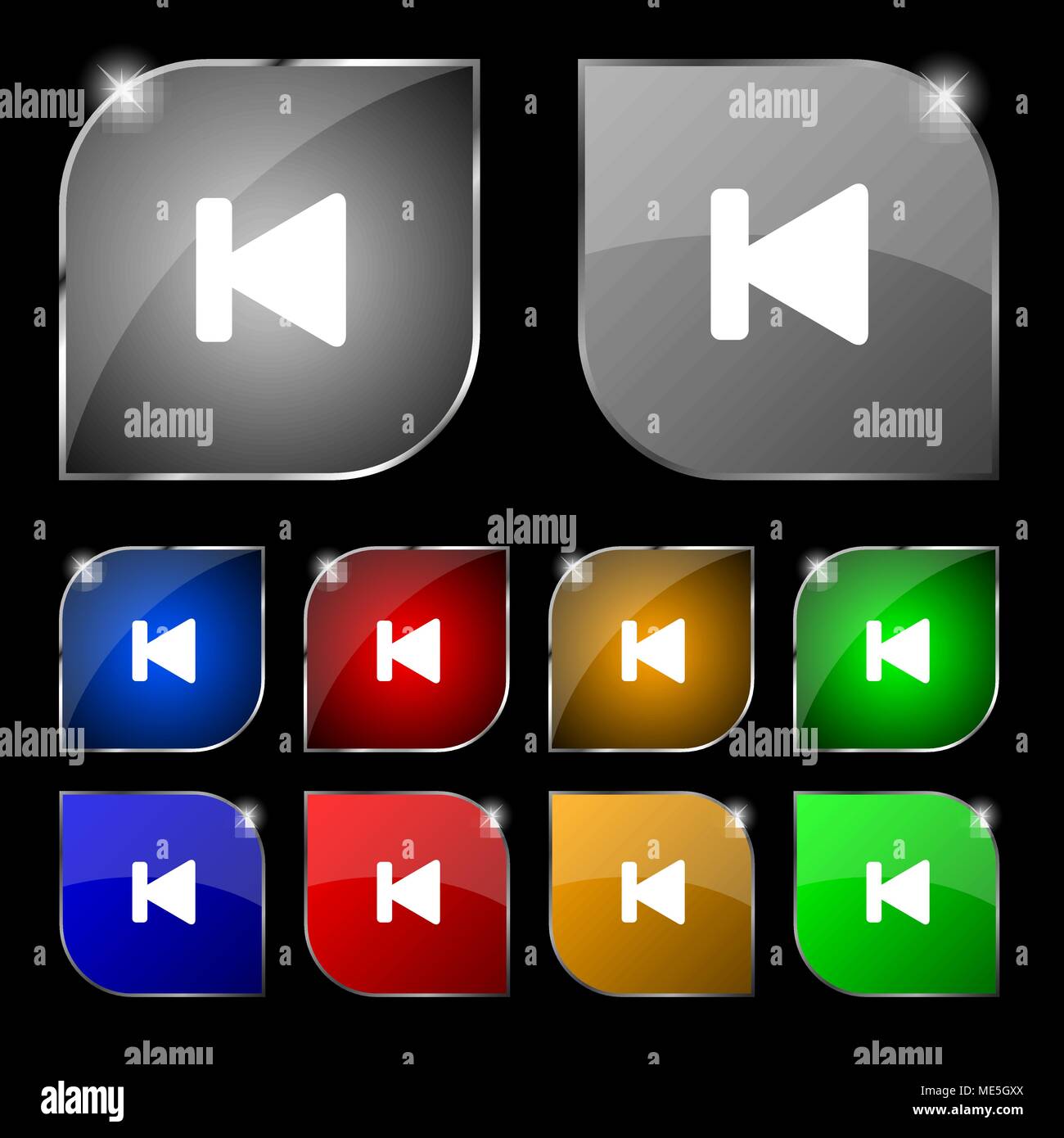 fast backward icon sign. Set of ten colorful buttons with glare. Vector ...