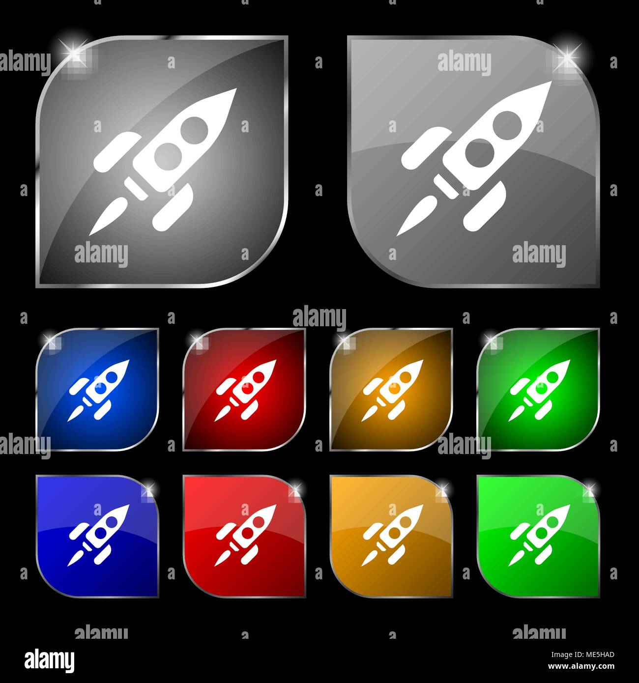 Rocket icon sign. Set of ten colorful buttons with glare. Vector ...