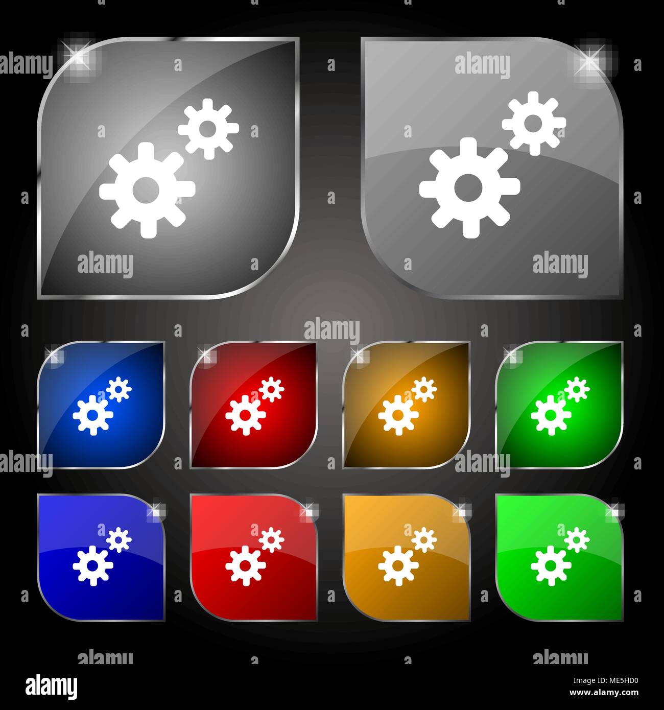 Cog settings, Cogwheel gear mechanism icon sign. Set of ten colorful ...