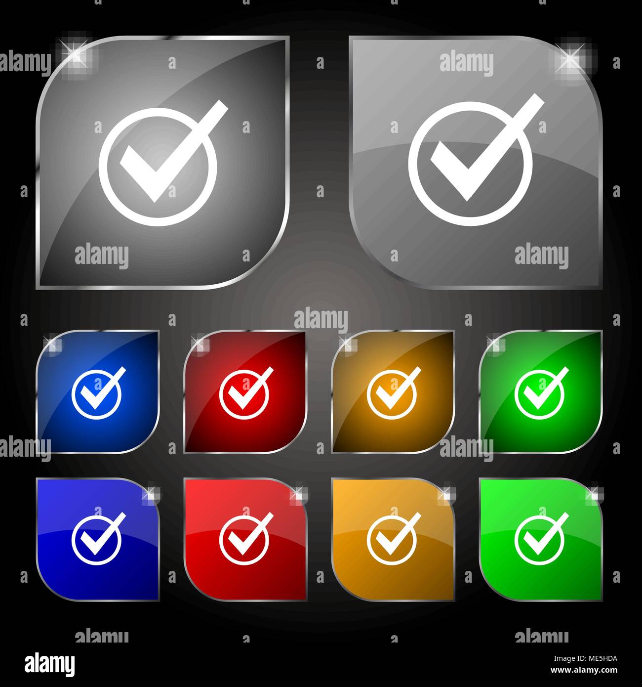 Check mark, tik icon sign. Set of ten colorful buttons with glare. Vector illustration Stock ...