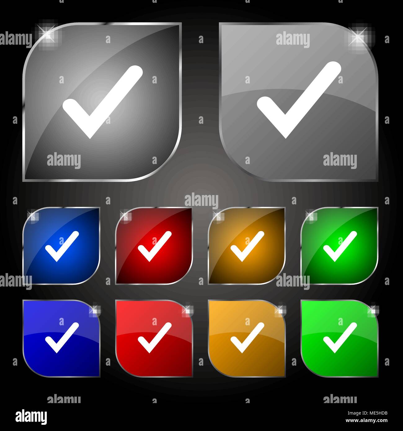 Check mark, tik icon sign. Set of ten colorful buttons with glare ...