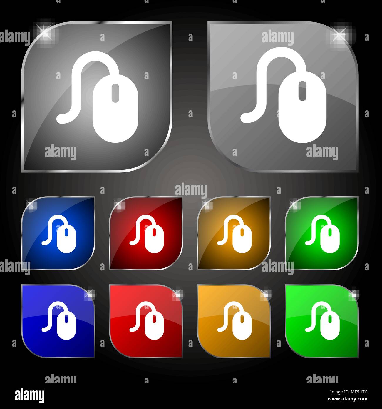 Computer mouse icon sign. Set of ten colorful buttons with glare ...