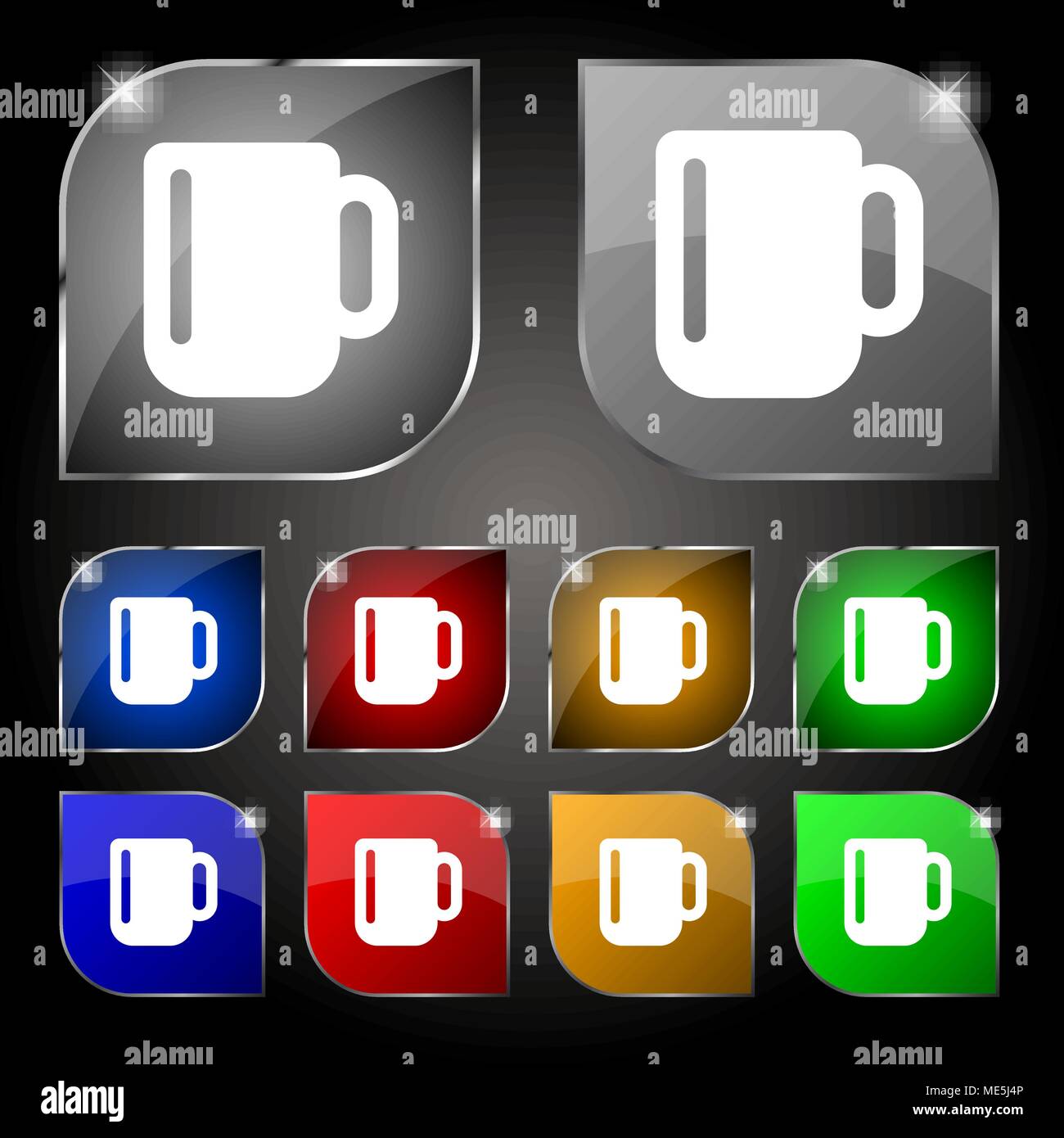cup coffee or tea icon sign. Set of ten colorful buttons with glare ...