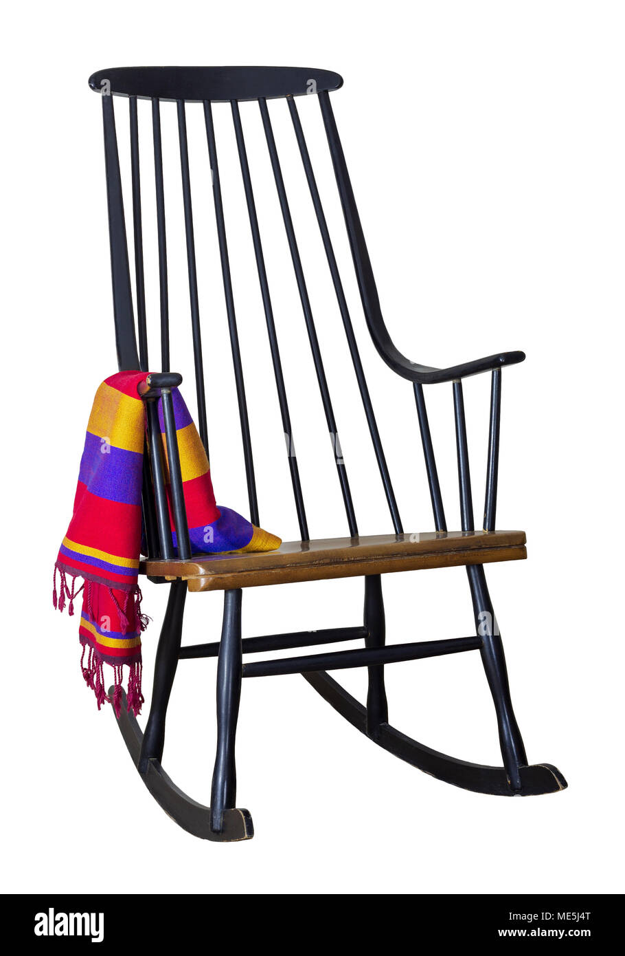 Classic wooden rocking chair with colorful scarf isolated on white ...