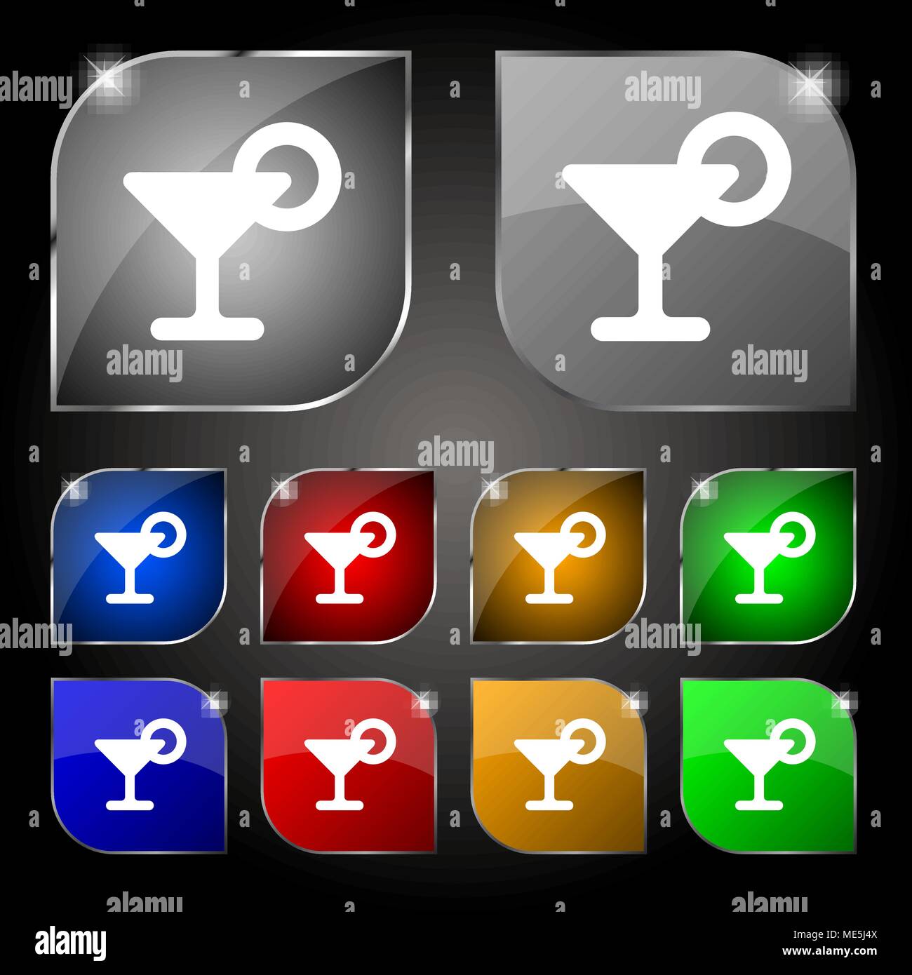 Drink, cocktail with a lemon icon sign. Set of ten colorful buttons ...