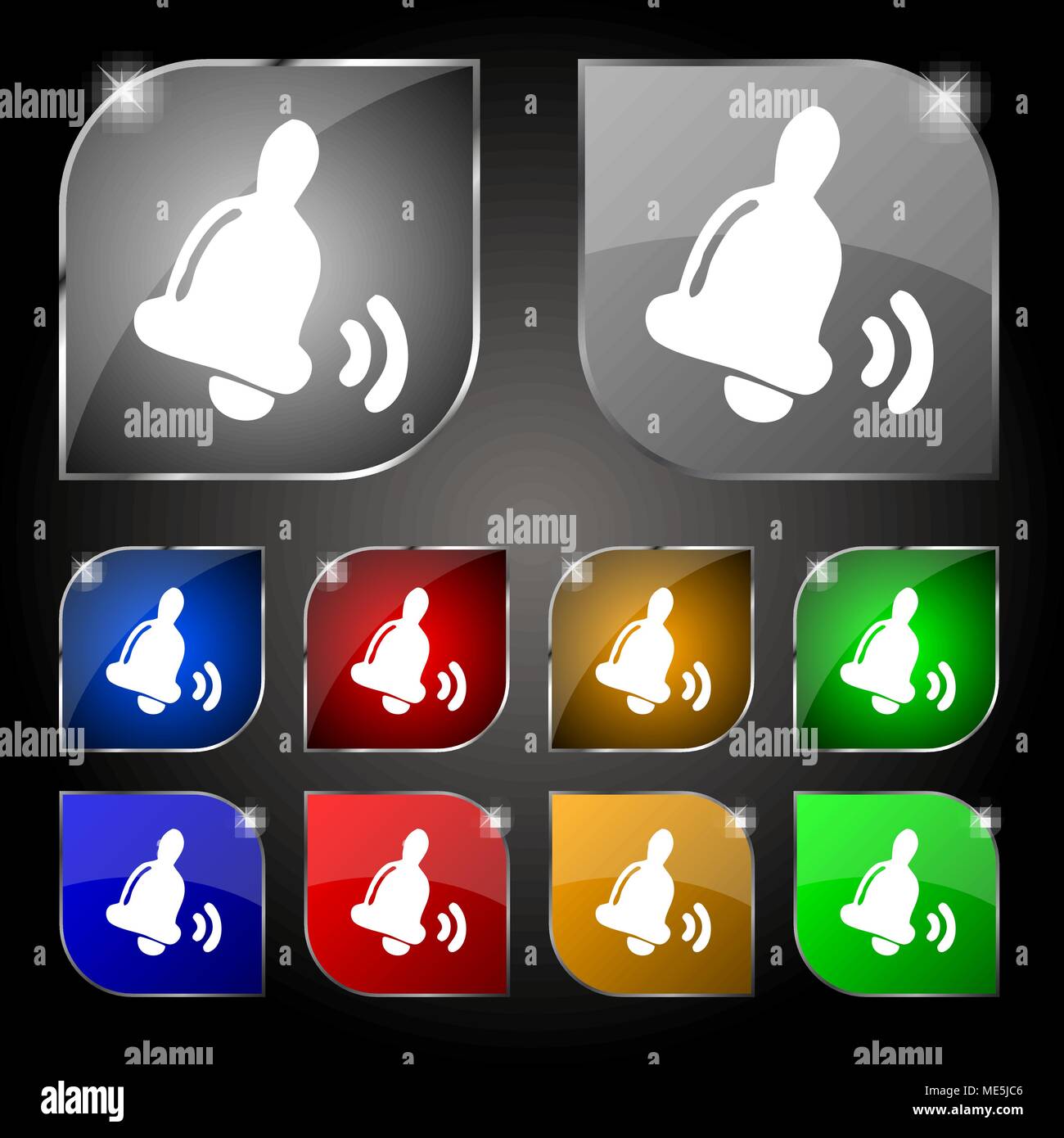 Bell icon sign. Set of ten colorful buttons with glare. Vector ...