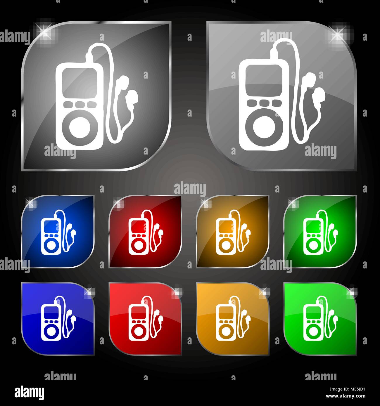 MP3 player, headphones, music icon sign. Set of ten colorful buttons ...