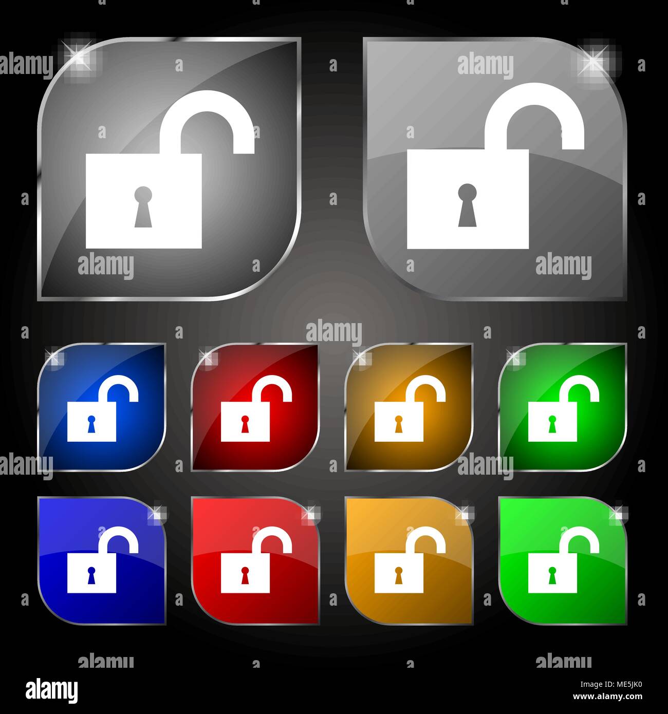 open lock icon sign. Set of ten colorful buttons with glare. Vector ...