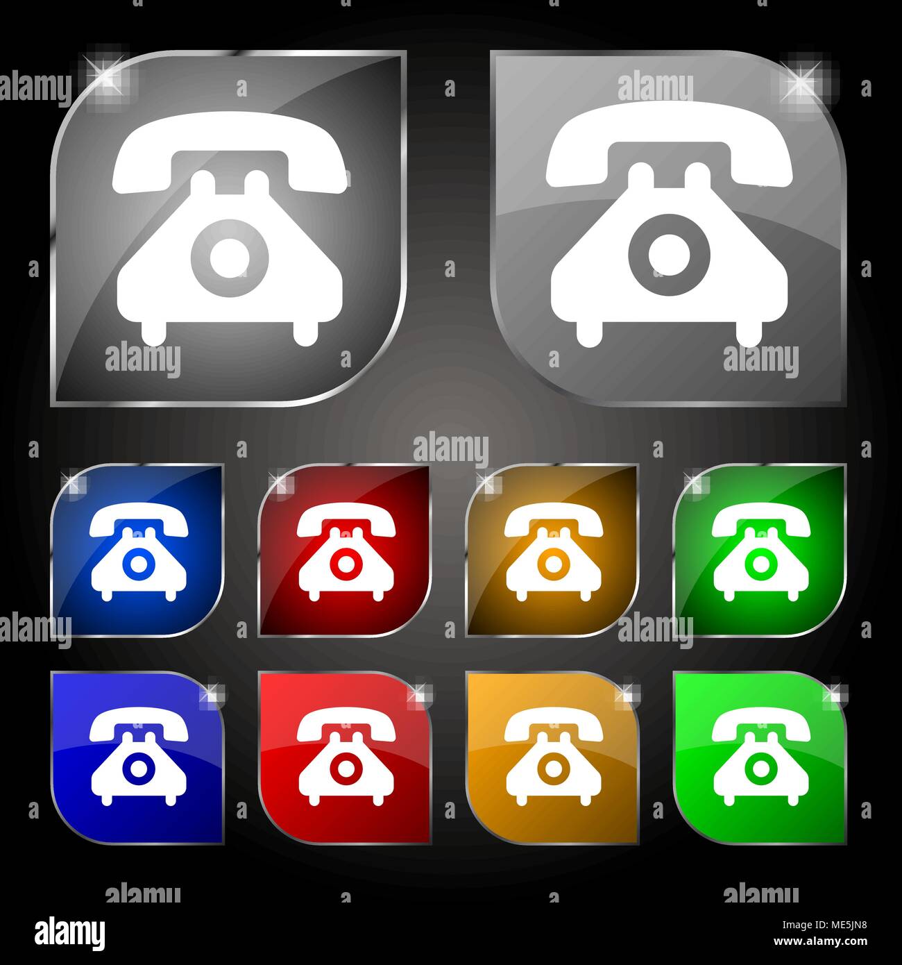 retro telephone handset icon sign. Set of ten colorful buttons with ...